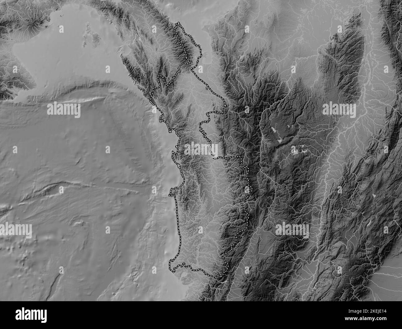Choco, department of Colombia. Grayscale elevation map with lakes and ...