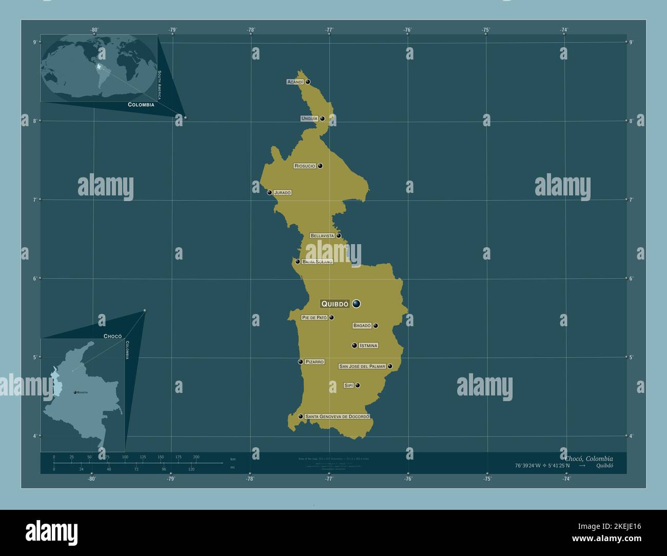 Choco, department of Colombia. Solid color shape. Locations and names ...