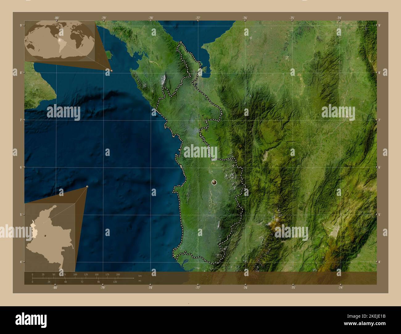 Choco, department of Colombia. Low resolution satellite map. Corner ...