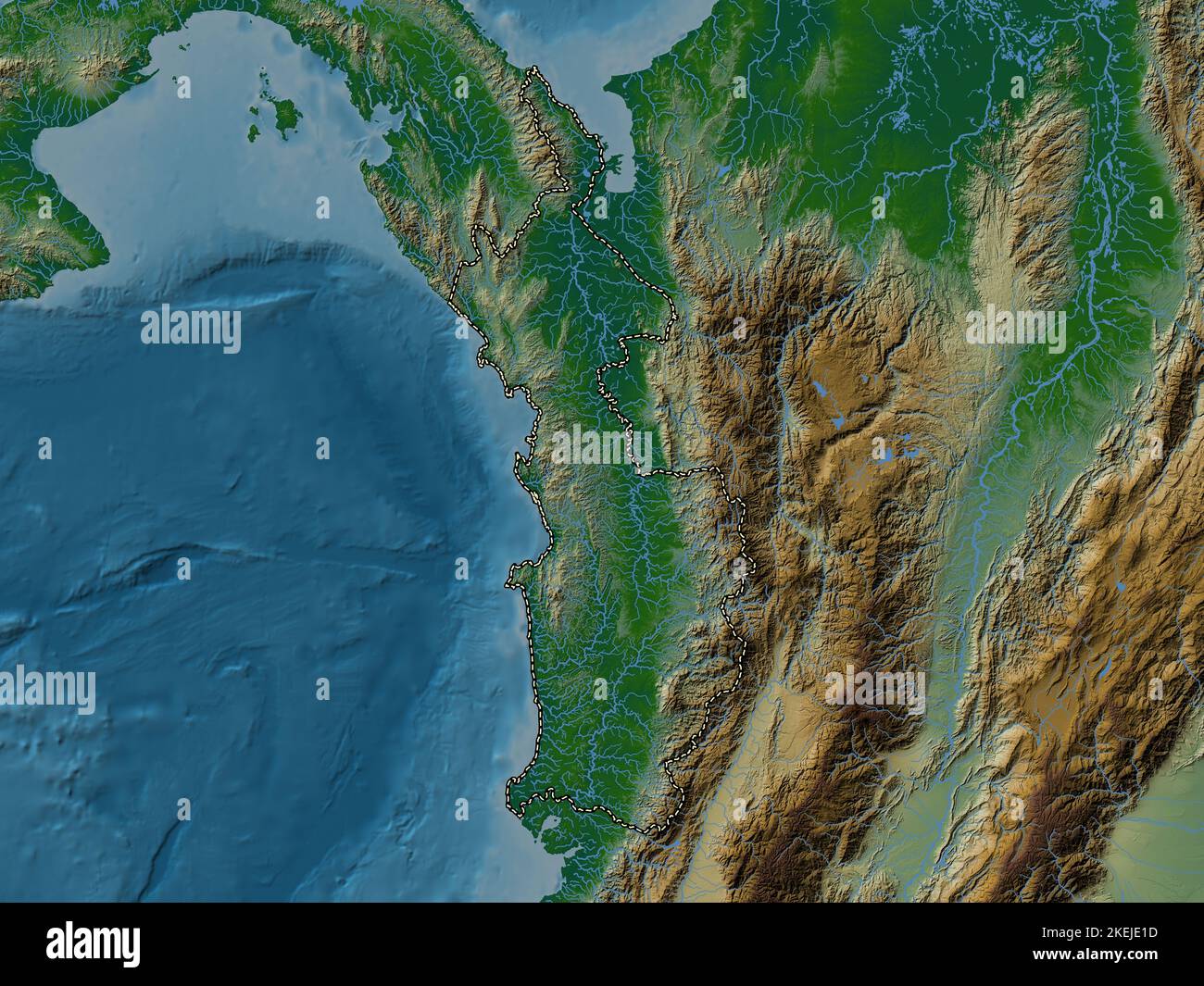 Choco, department of Colombia. Colored elevation map with lakes and ...