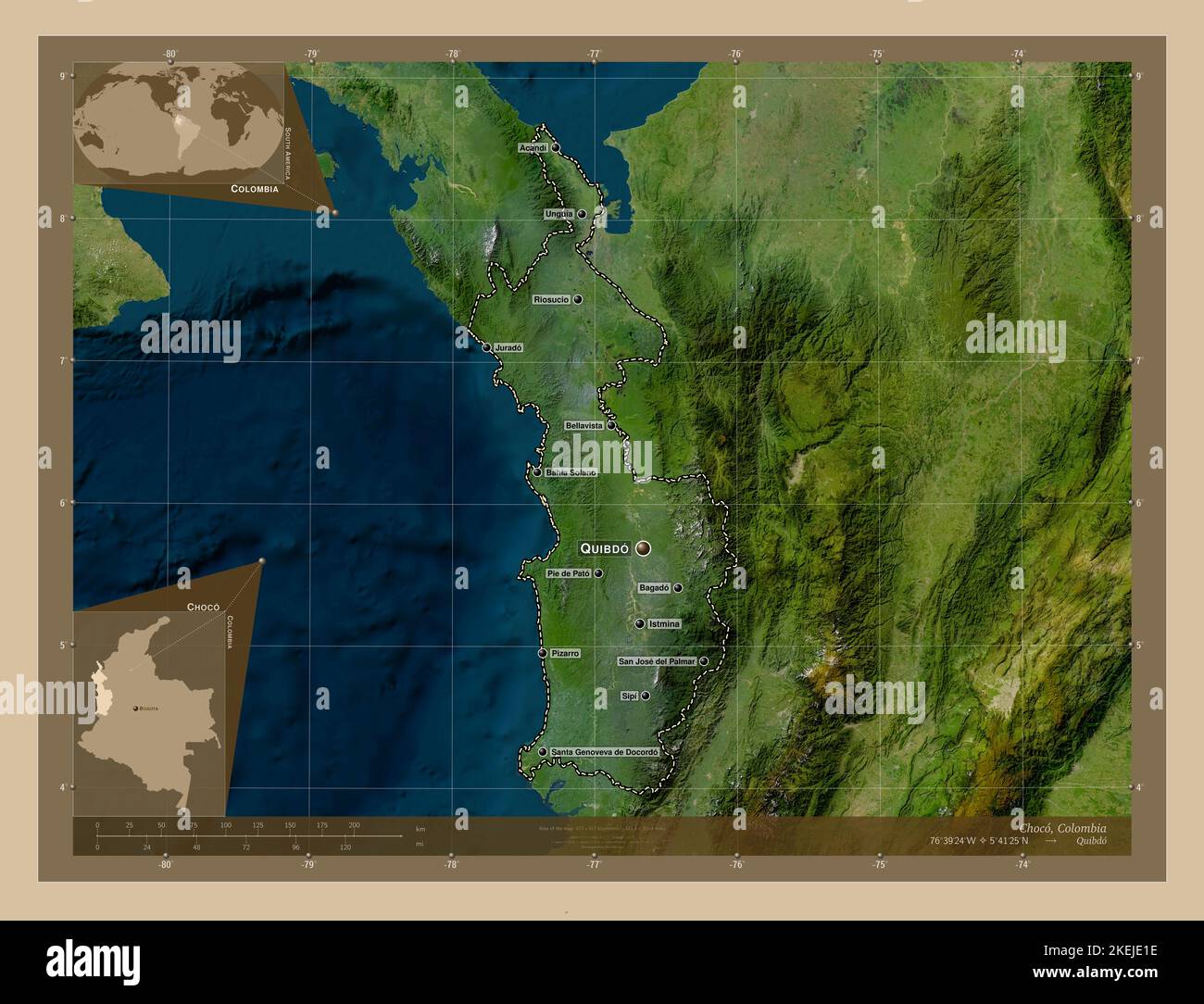 Choco, department of Colombia. Low resolution satellite map. Locations ...