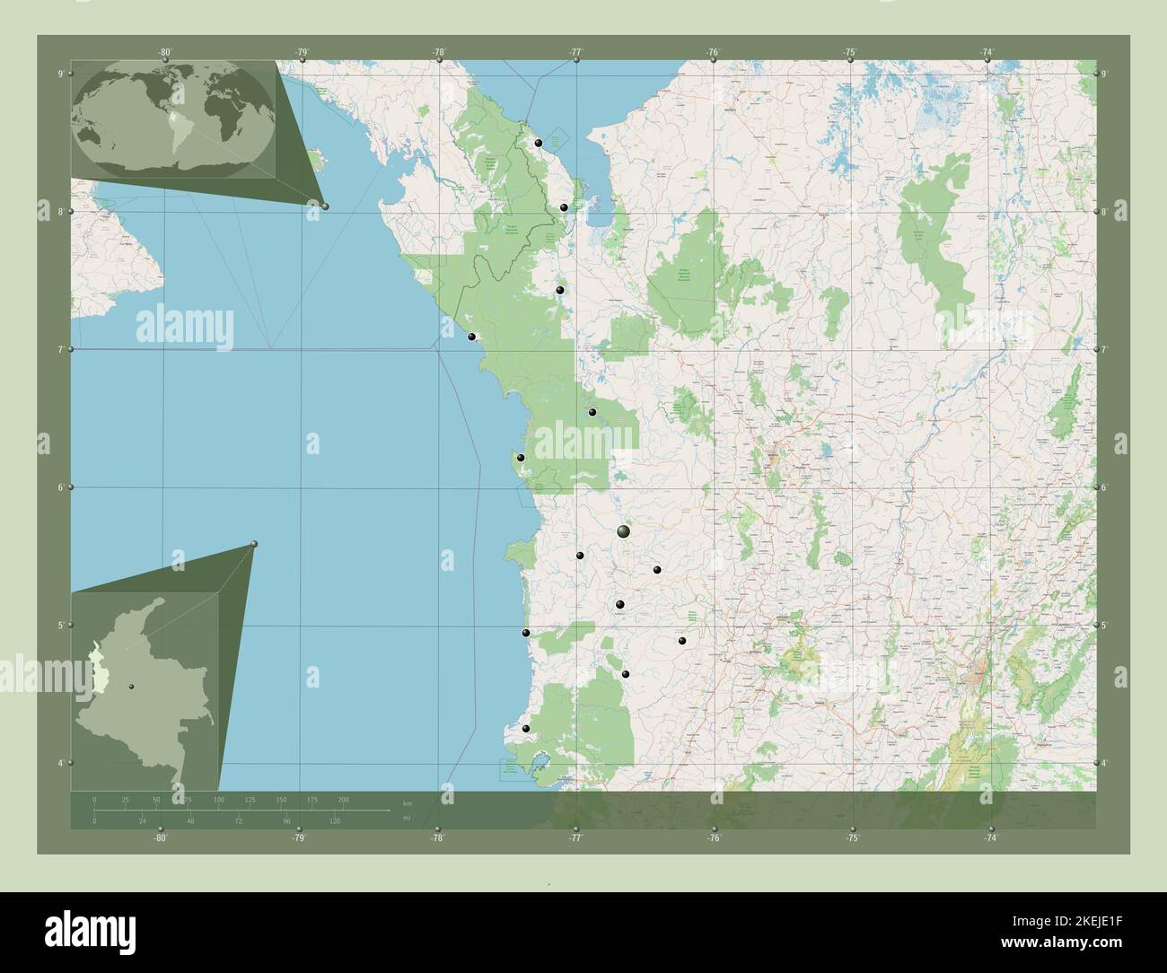 Choco, department of Colombia. Open Street Map. Locations of major ...