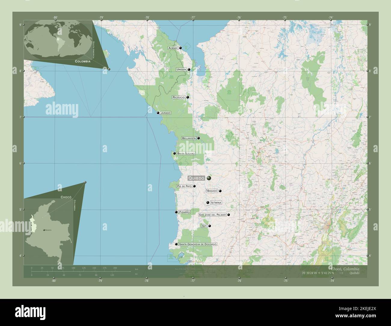 Choco, department of Colombia. Open Street Map. Locations and names of ...