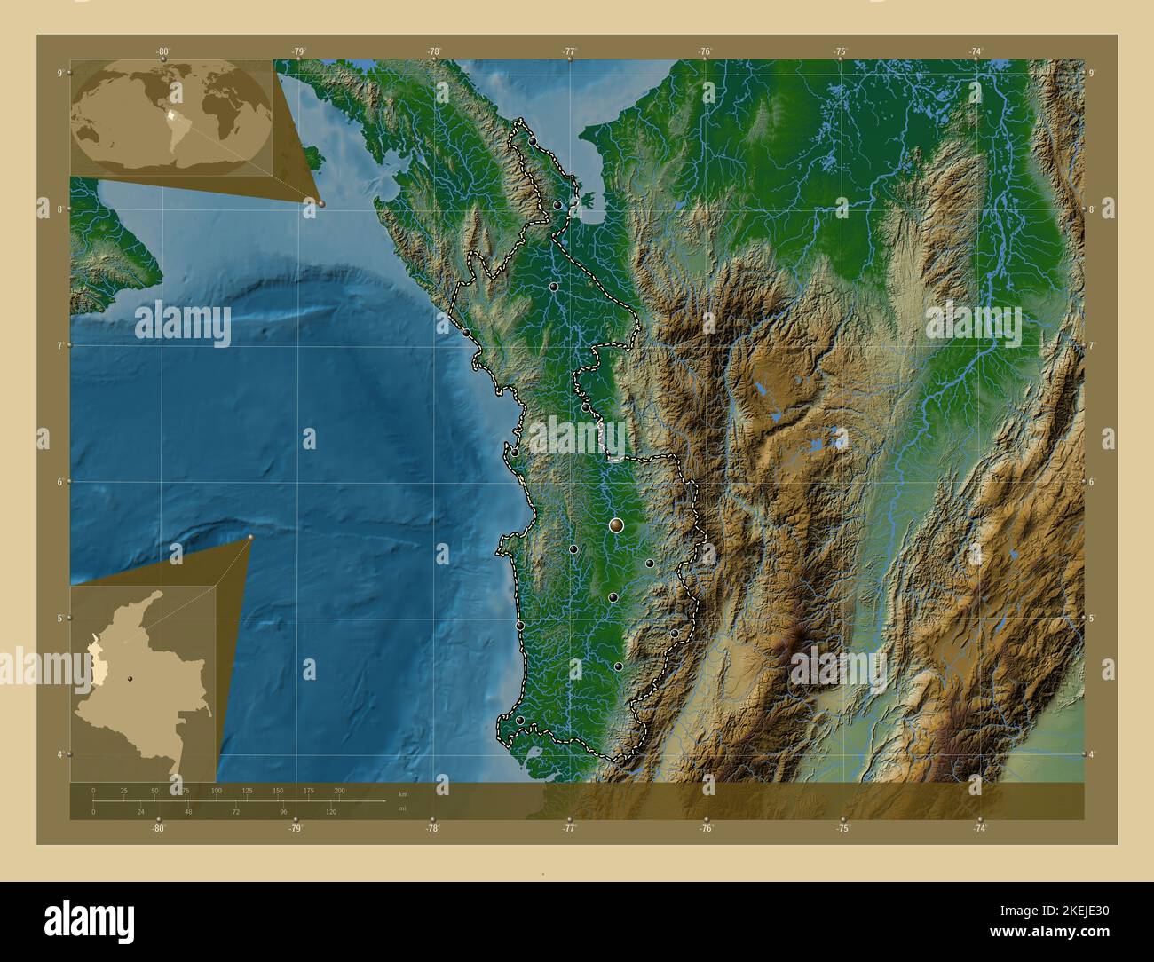 Choco, department of Colombia. Colored elevation map with lakes and ...