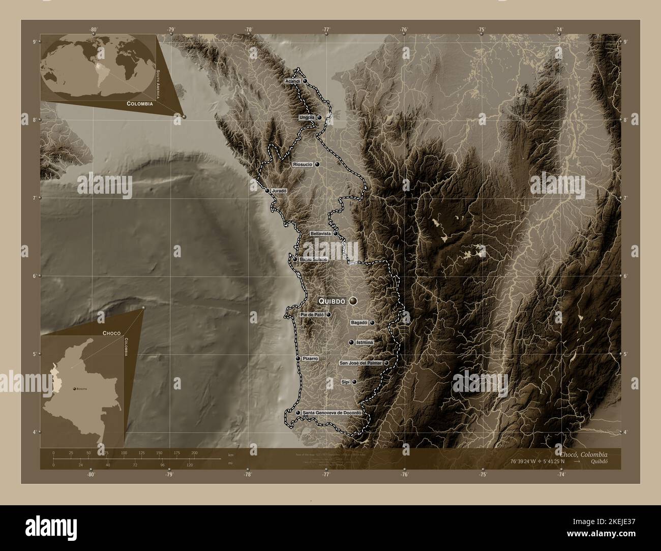 Choco, department of Colombia. Elevation map colored in sepia tones ...