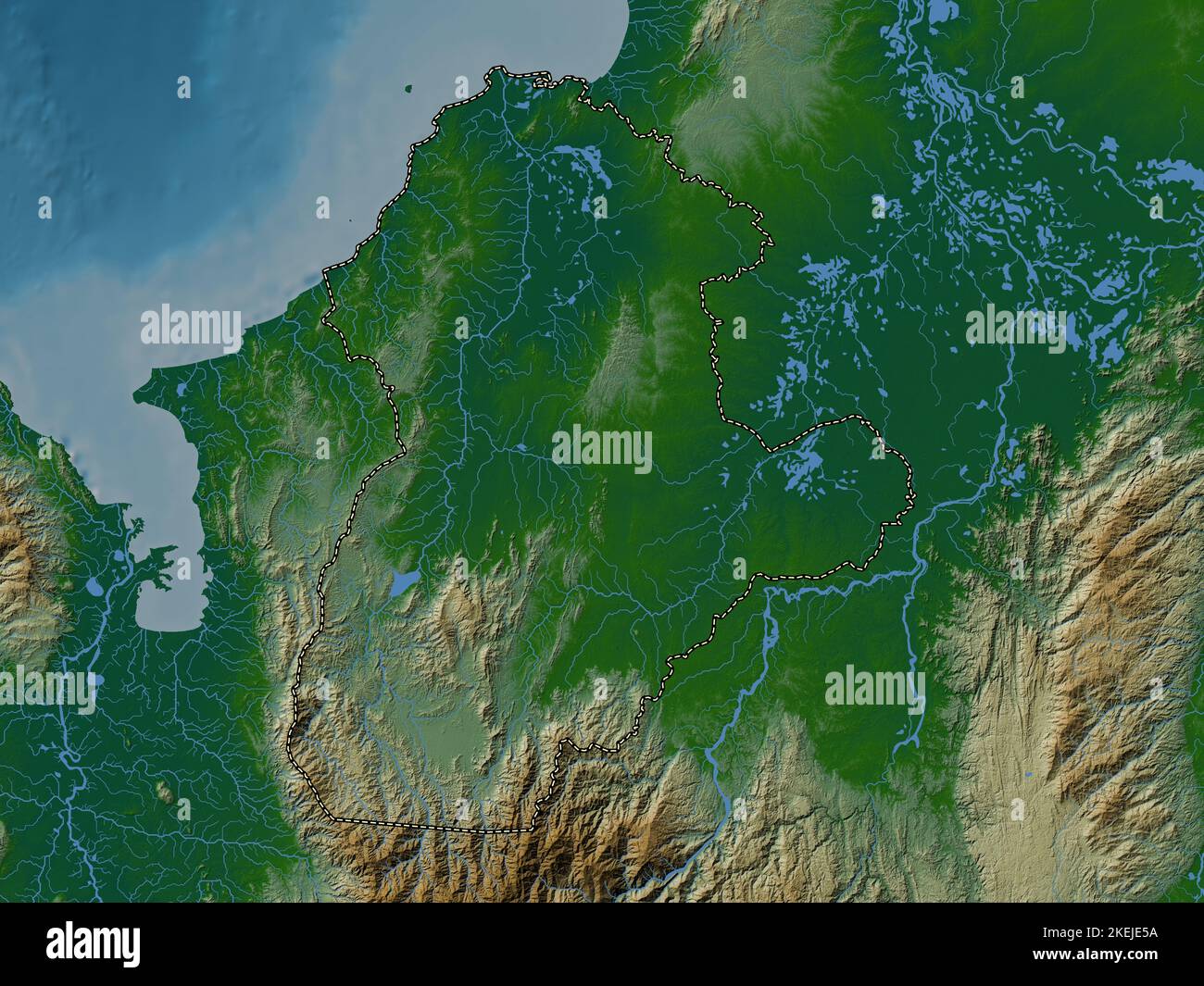 Cordoba, department of Colombia. Colored elevation map with lakes and ...