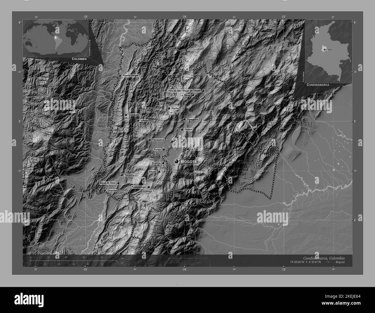 Cundinamarca, department of Colombia. Bilevel elevation map with lakes ...