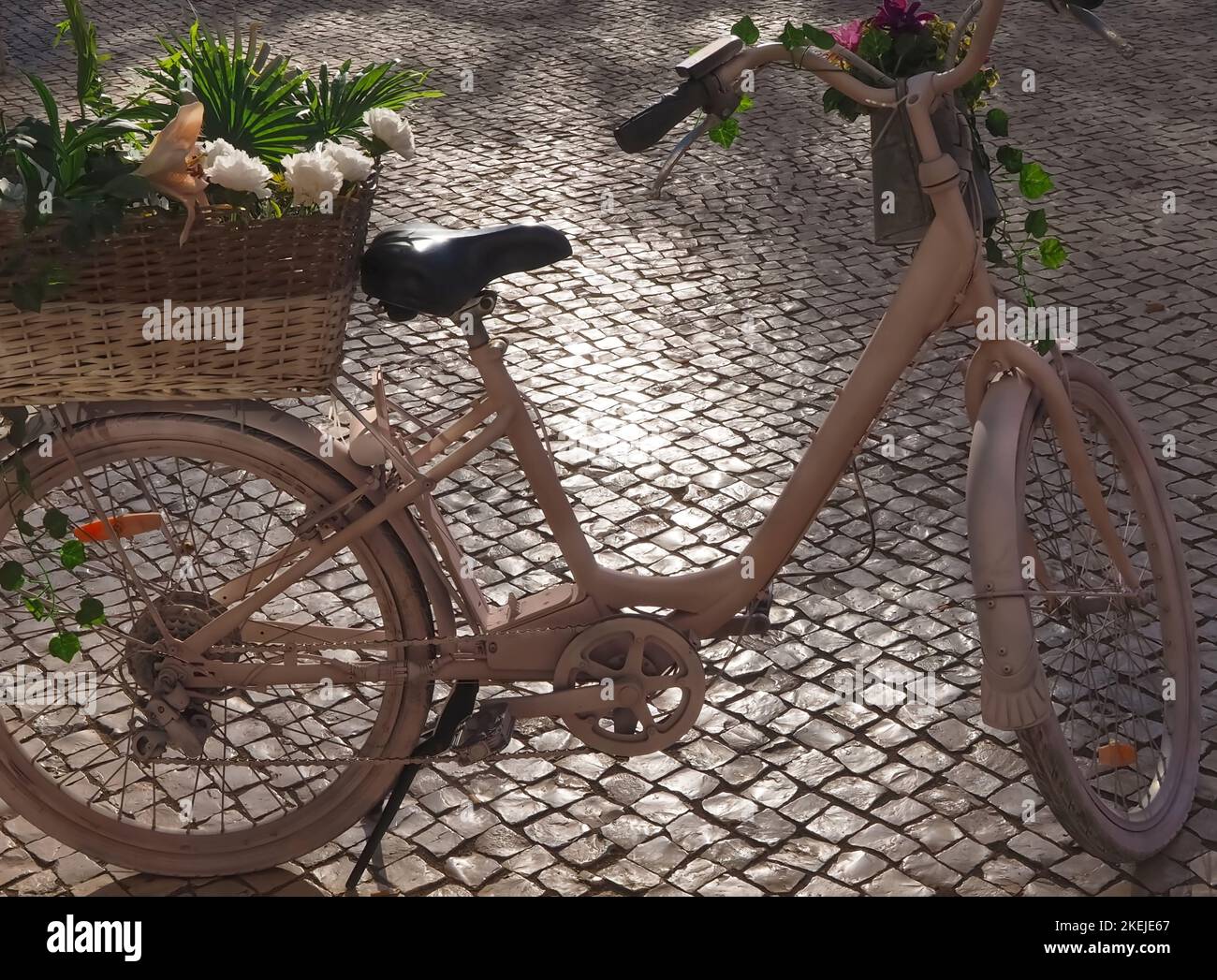 Bicycle vintage and cream with flowers Stock Photo - Alamy