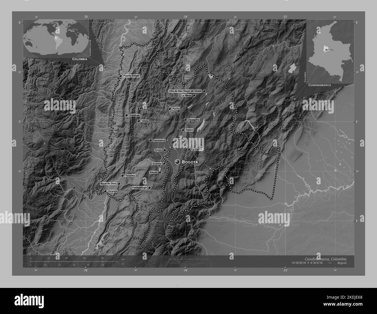 Cundinamarca, department of Colombia. Grayscale elevation map with ...
