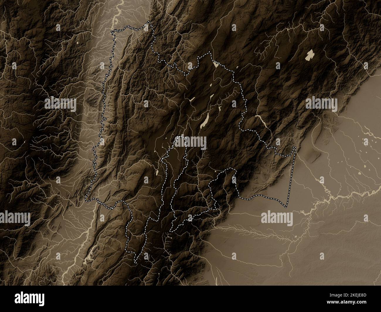 Cundinamarca, department of Colombia. Elevation map colored in sepia ...