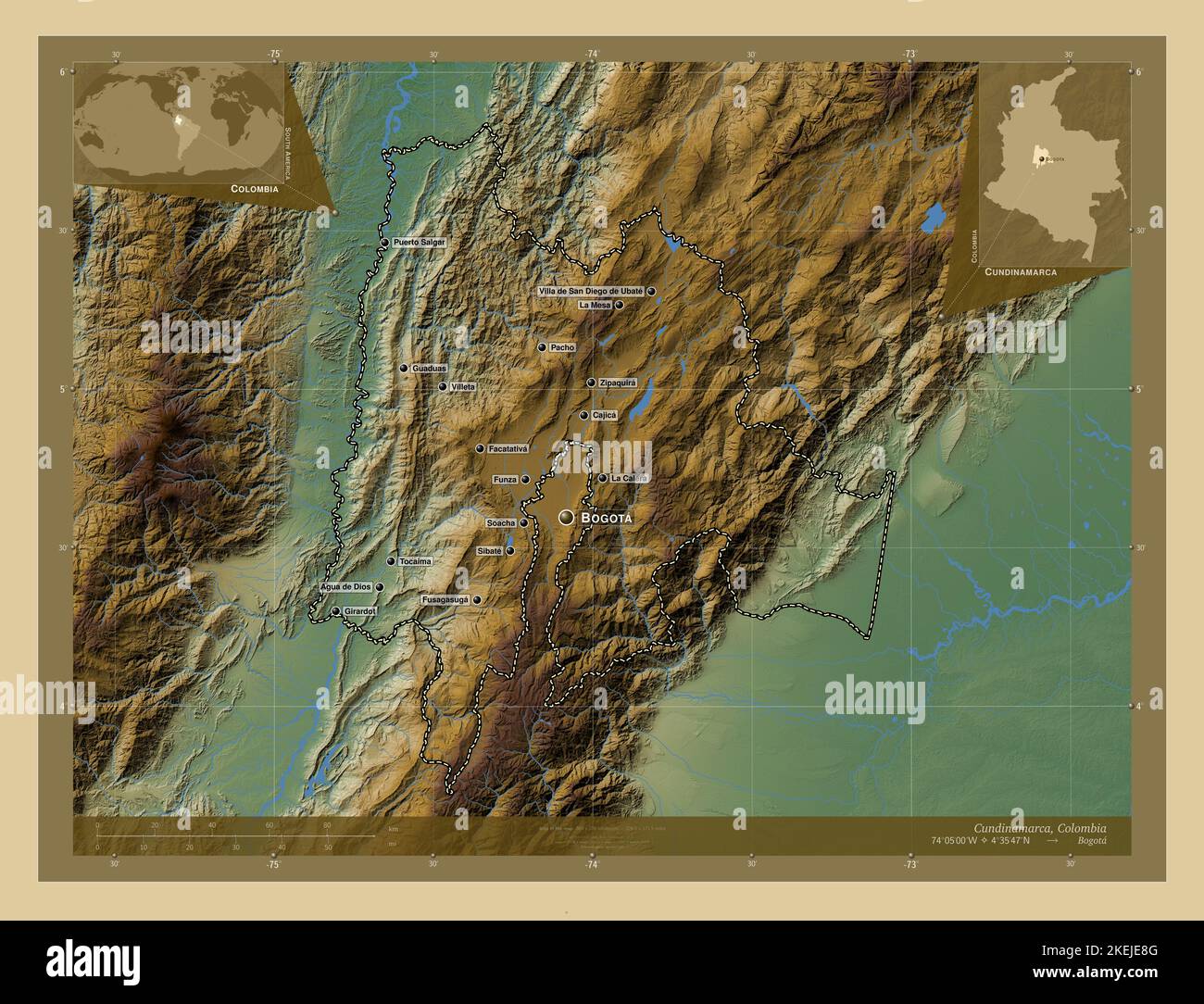 Cundinamarca, department of Colombia. Colored elevation map with lakes ...