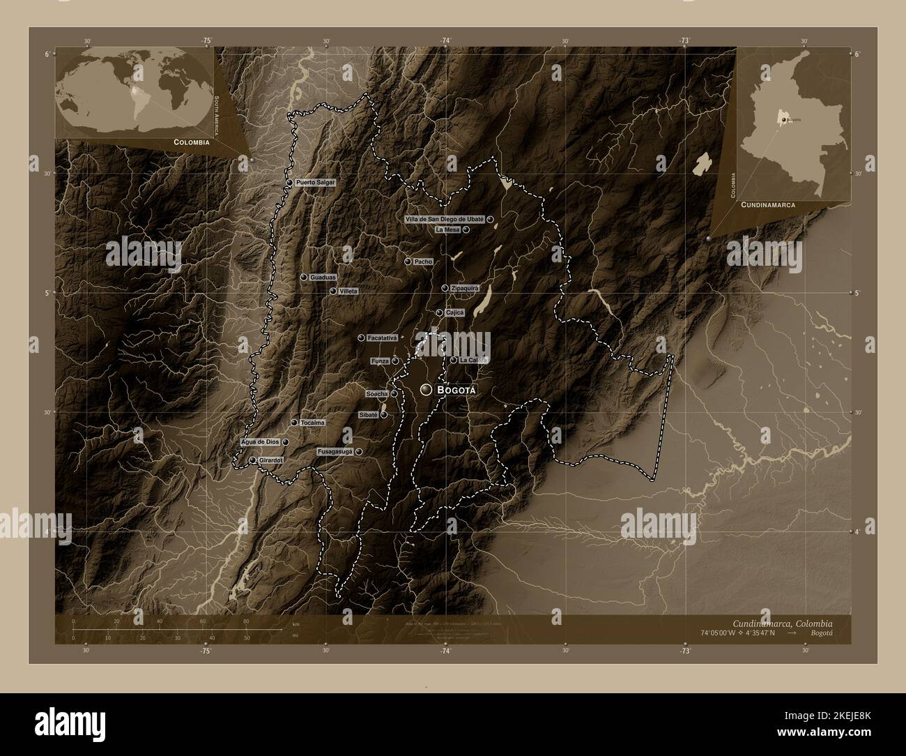Cundinamarca, department of Colombia. Elevation map colored in sepia ...