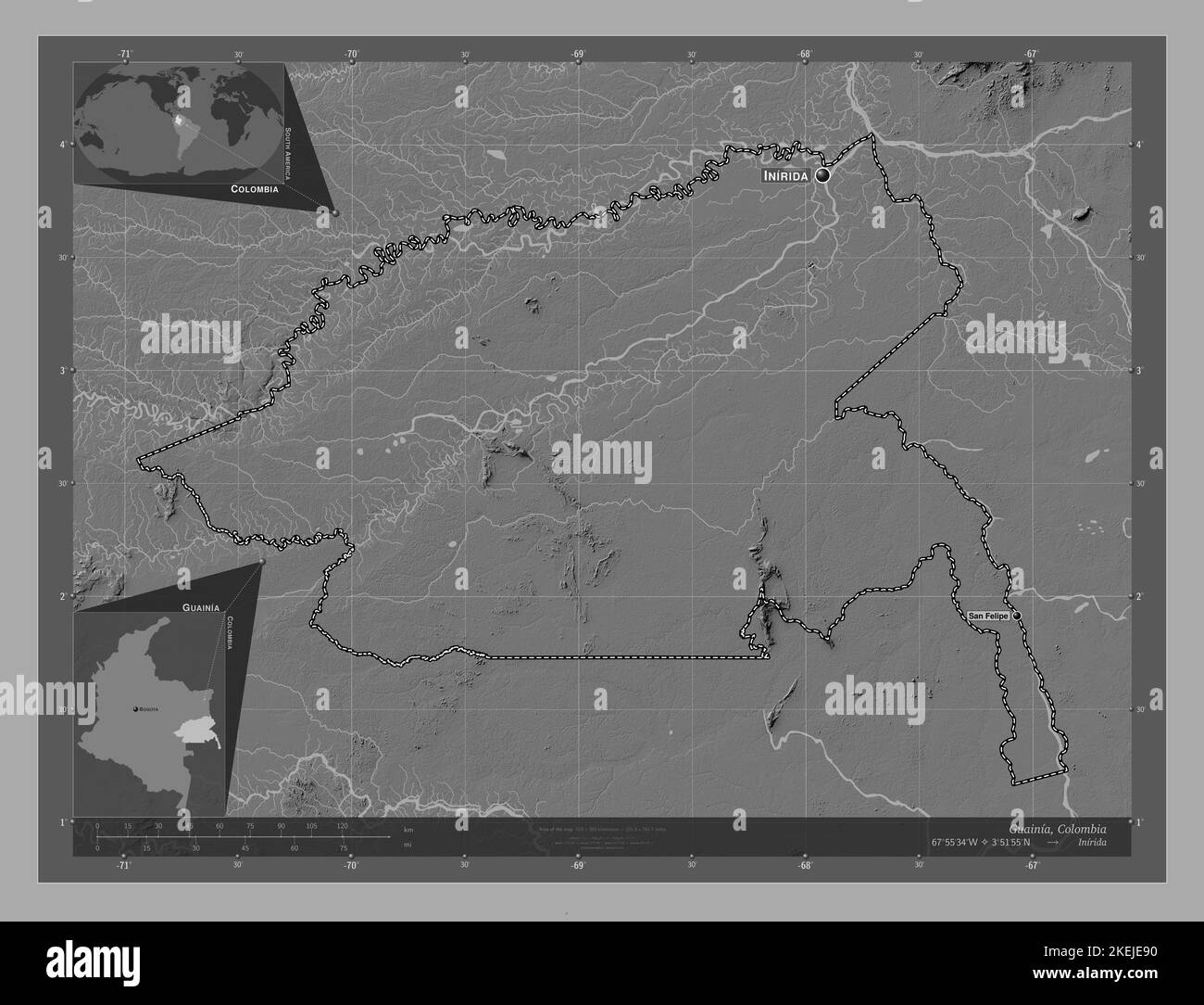 Guainia, commissiary of Colombia. Bilevel elevation map with lakes and ...