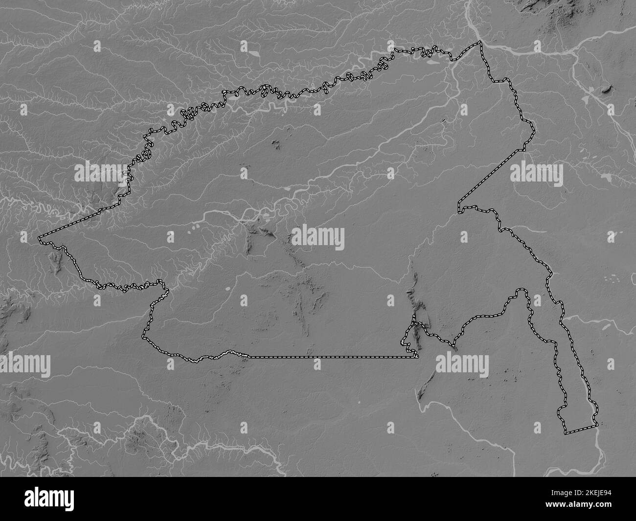 Guainia, commissiary of Colombia. Grayscale elevation map with lakes ...