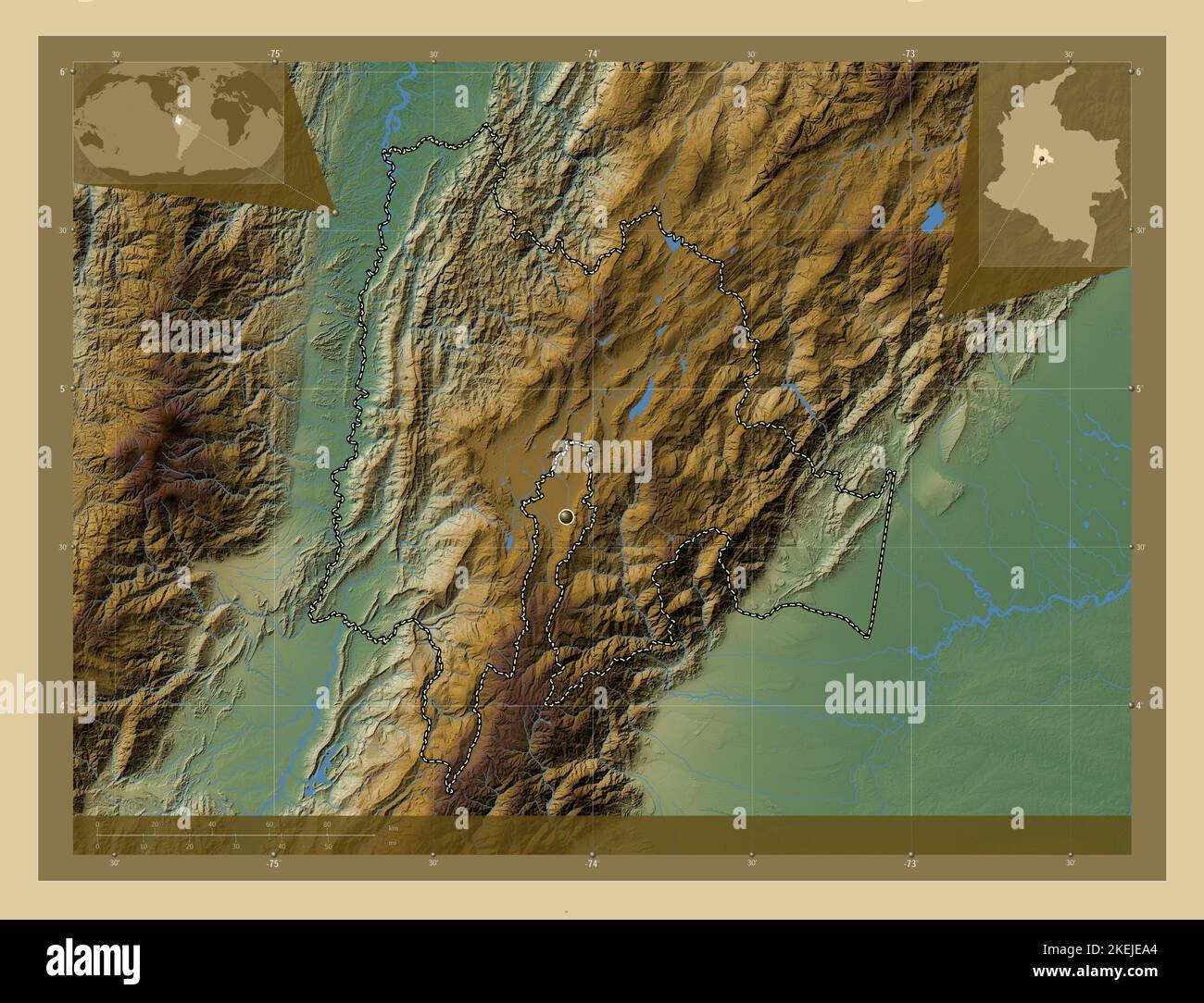 Cundinamarca, department of Colombia. Colored elevation map with lakes ...