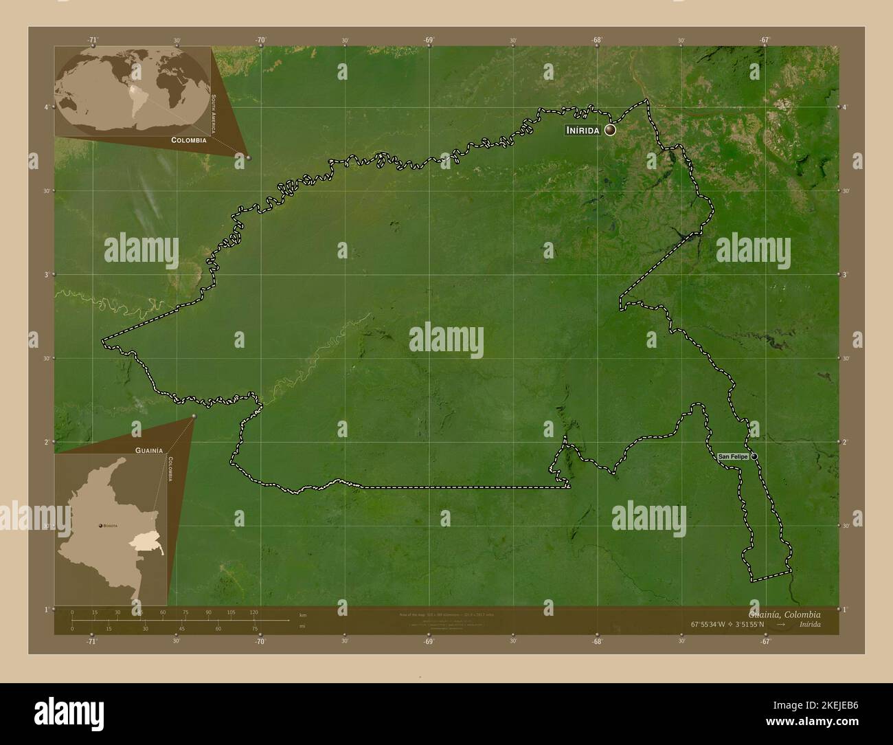 Guainia, commissiary of Colombia. Low resolution satellite map ...