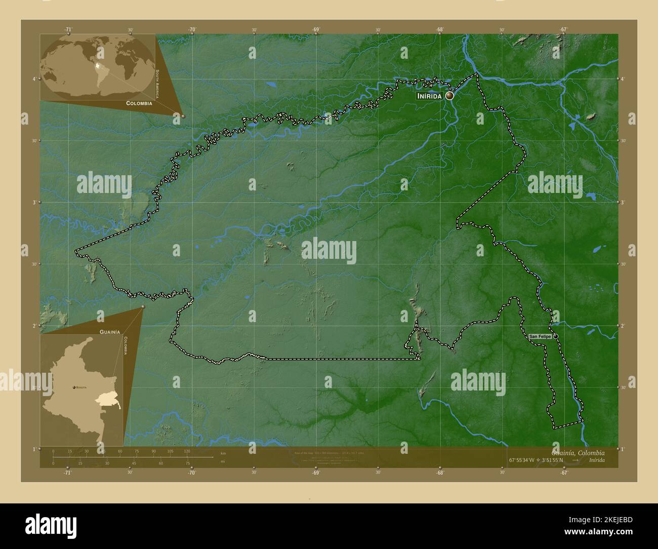Guainia, commissiary of Colombia. Colored elevation map with lakes and ...