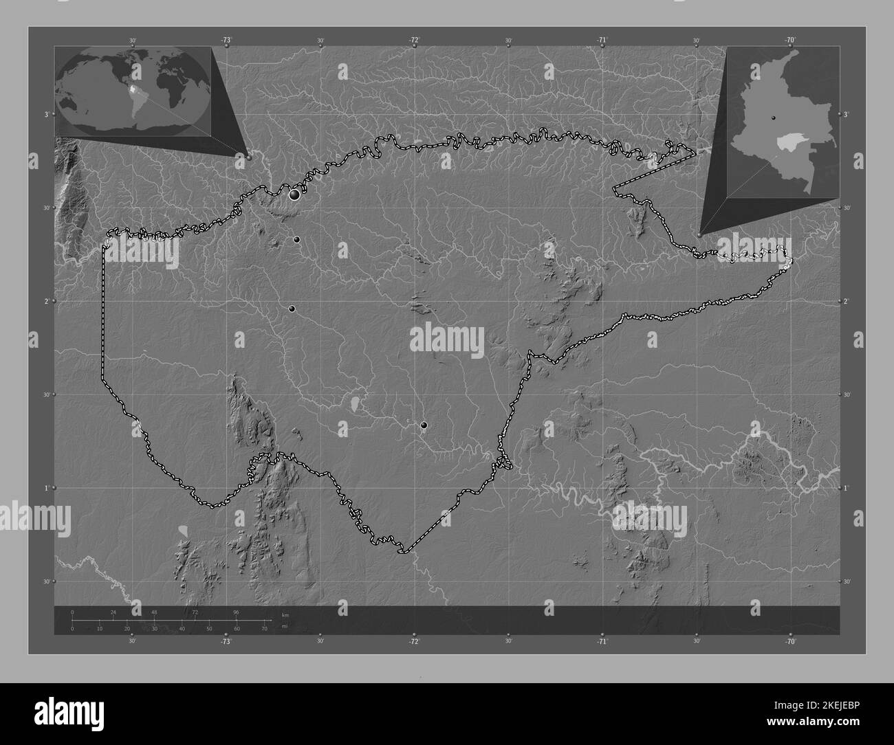 Guaviare, commissiary of Colombia. Bilevel elevation map with lakes and ...