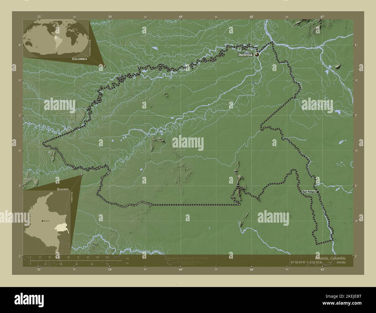 Guainia, commissiary of Colombia. Elevation map colored in wiki style ...