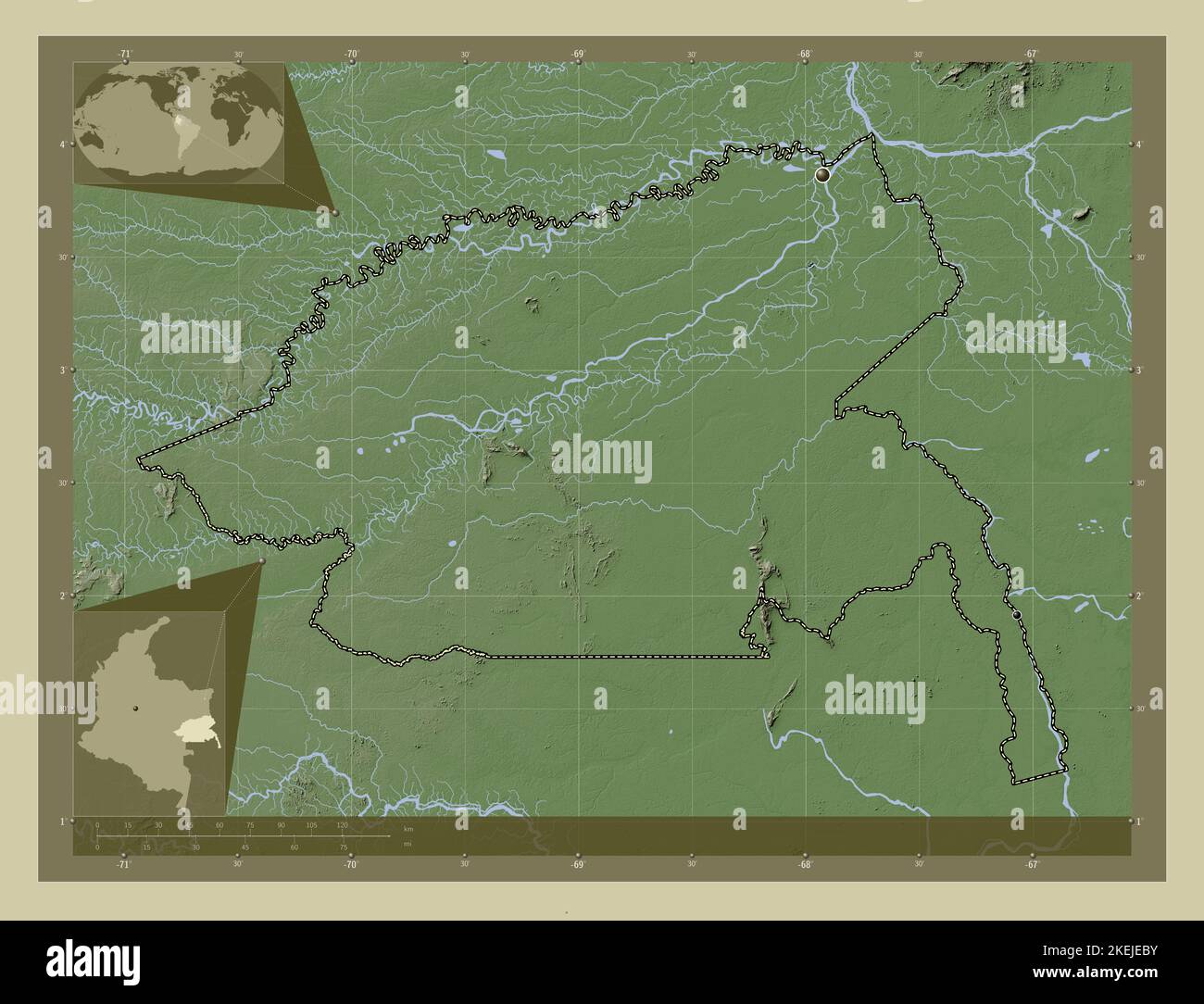 Guainia, commissiary of Colombia. Elevation map colored in wiki style ...