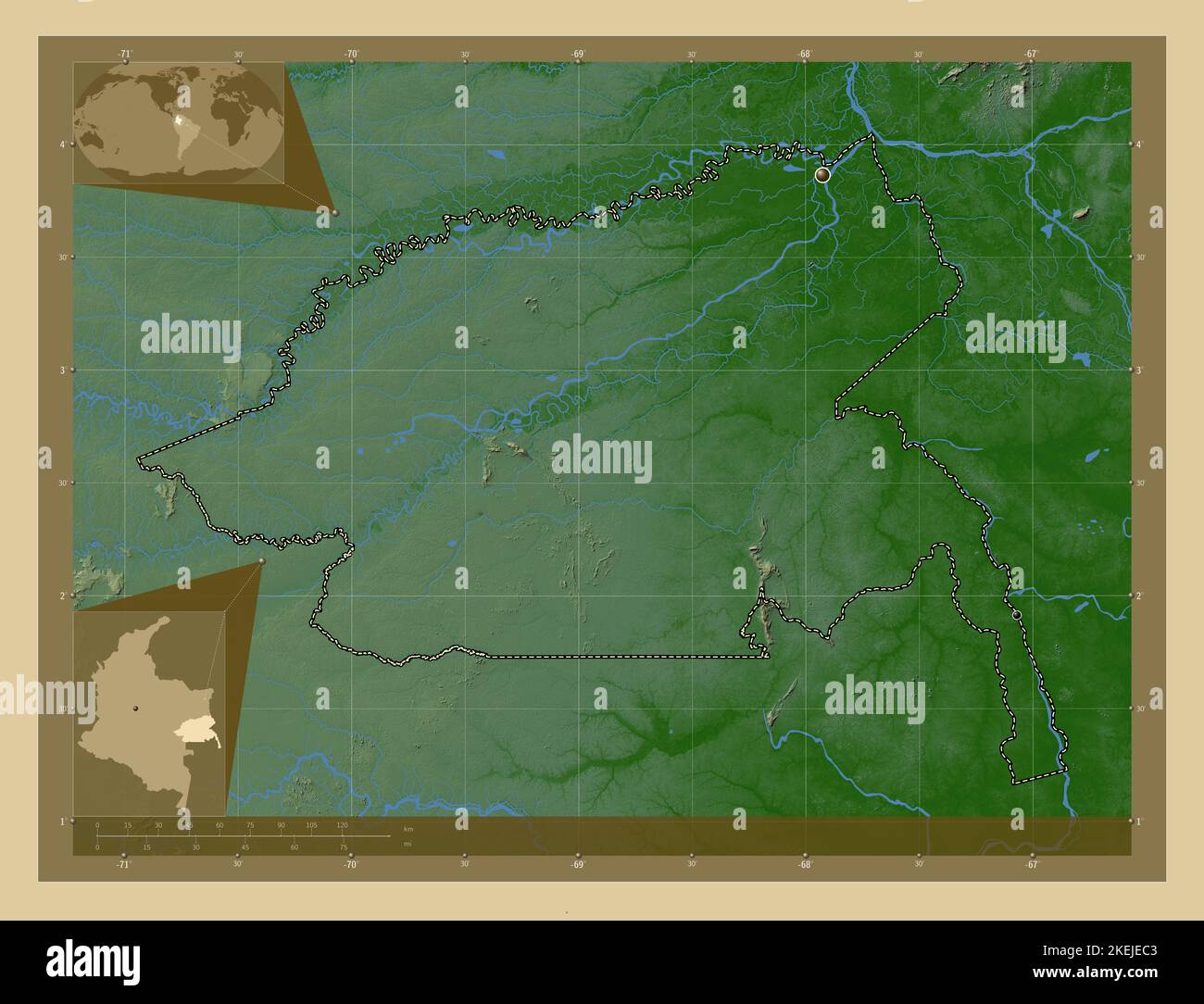 Guainia, commissiary of Colombia. Colored elevation map with lakes and ...