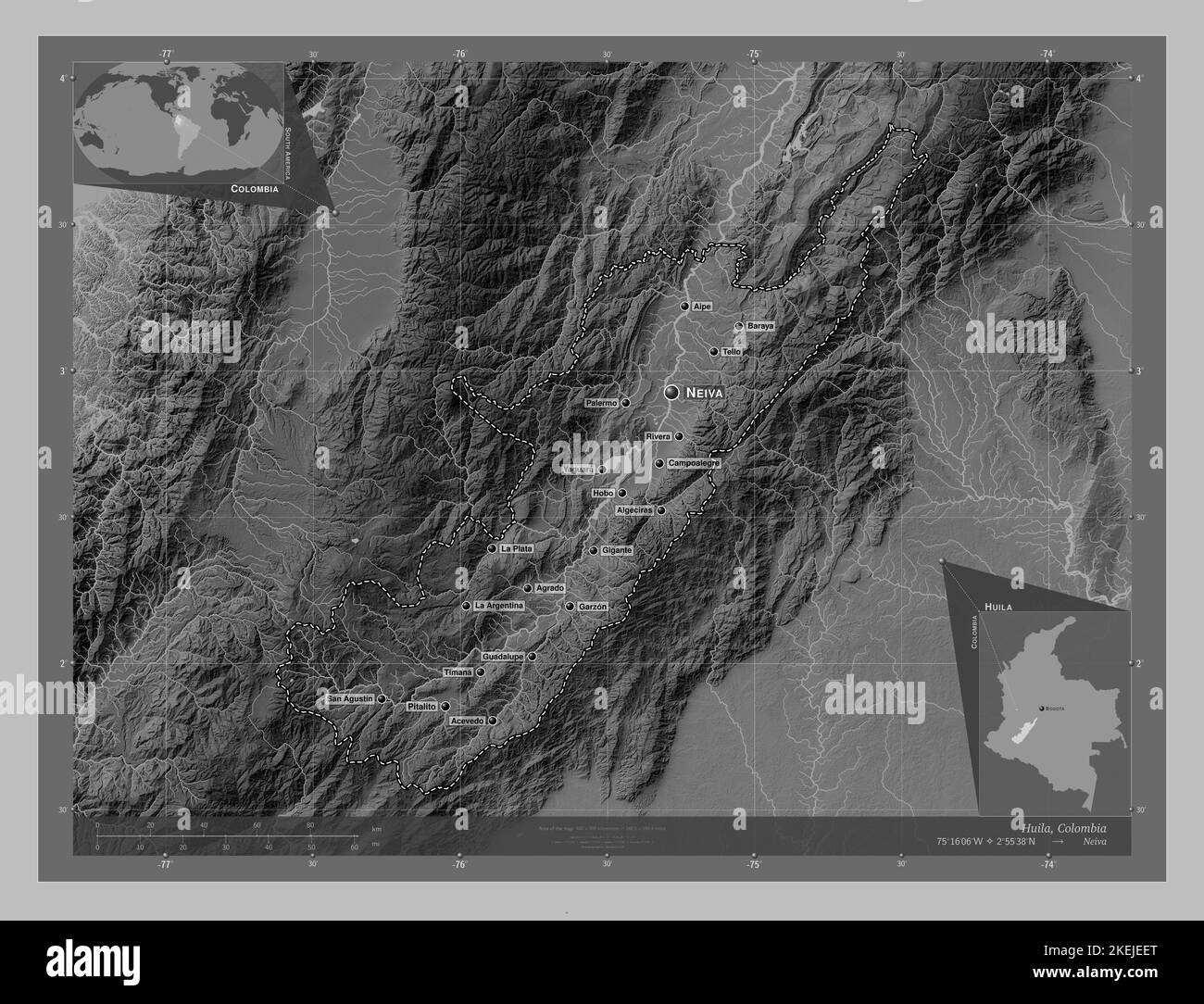 Huila, department of Colombia. Grayscale elevation map with lakes and ...