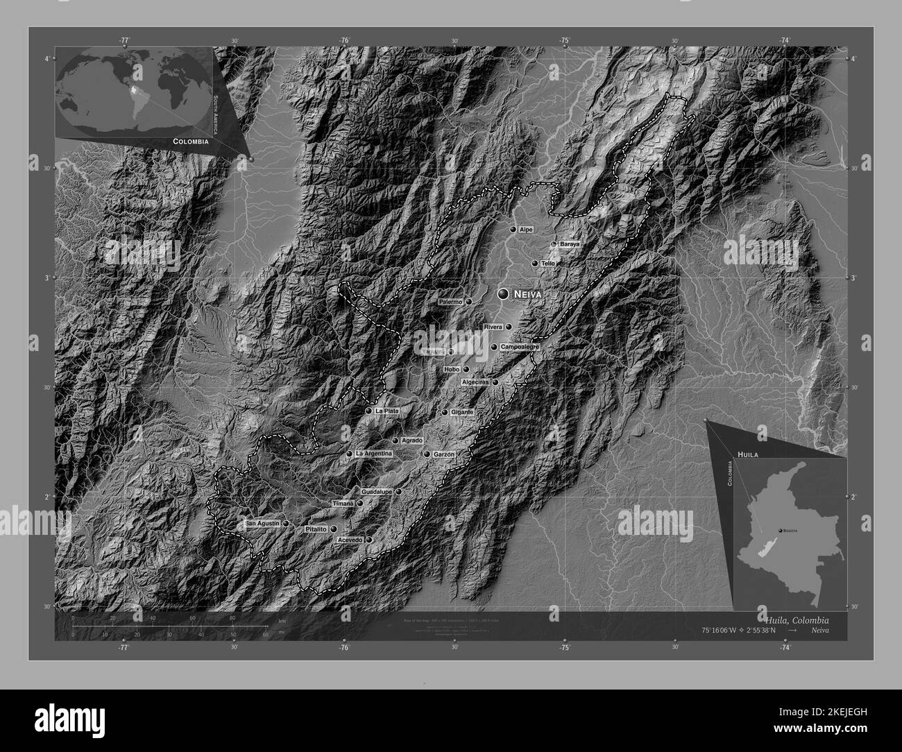 Huila, department of Colombia. Bilevel elevation map with lakes and ...