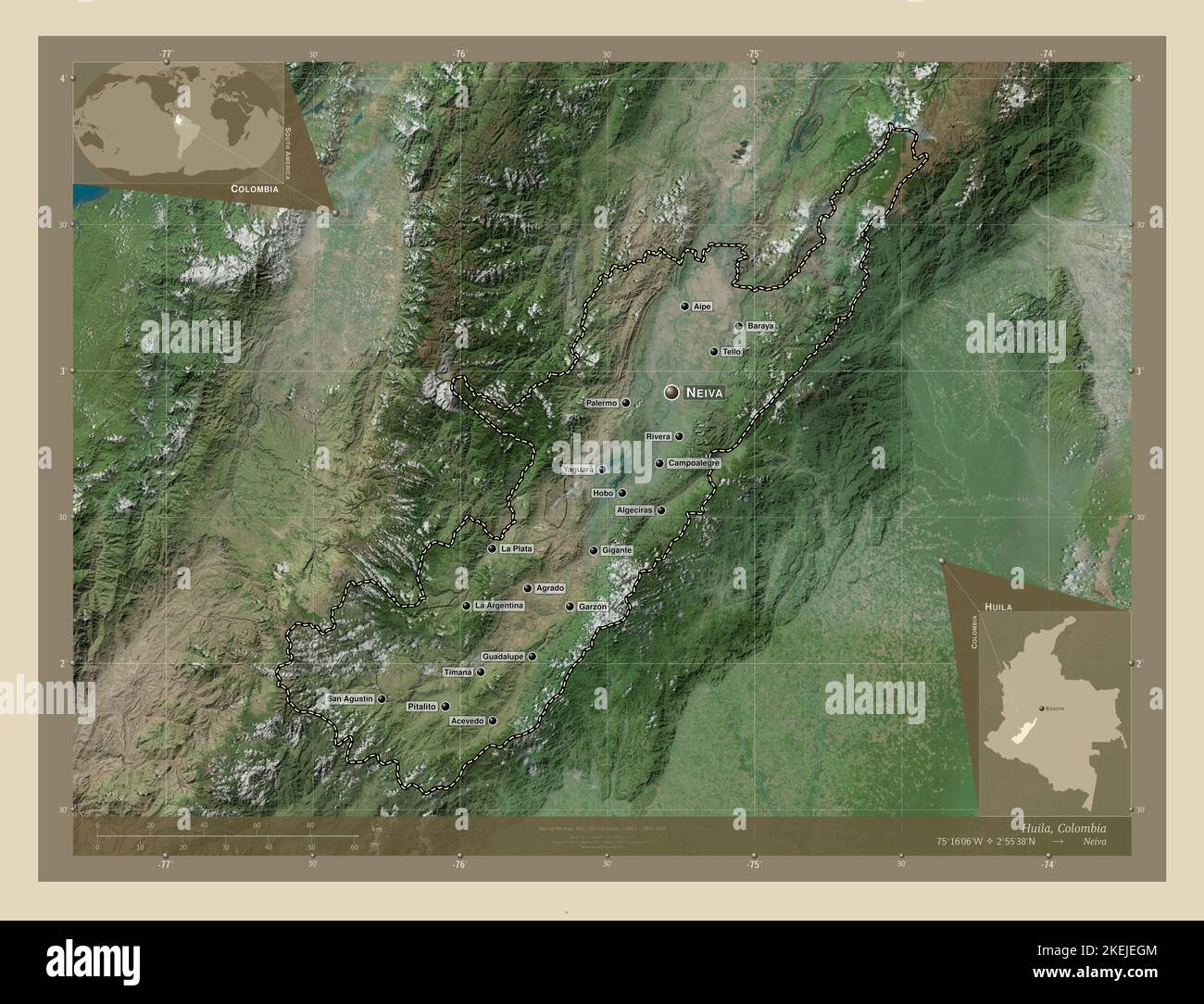Huila, department of Colombia. High resolution satellite map. Locations ...