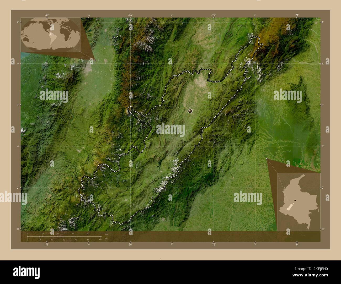 Huila, department of Colombia. Low resolution satellite map. Corner ...
