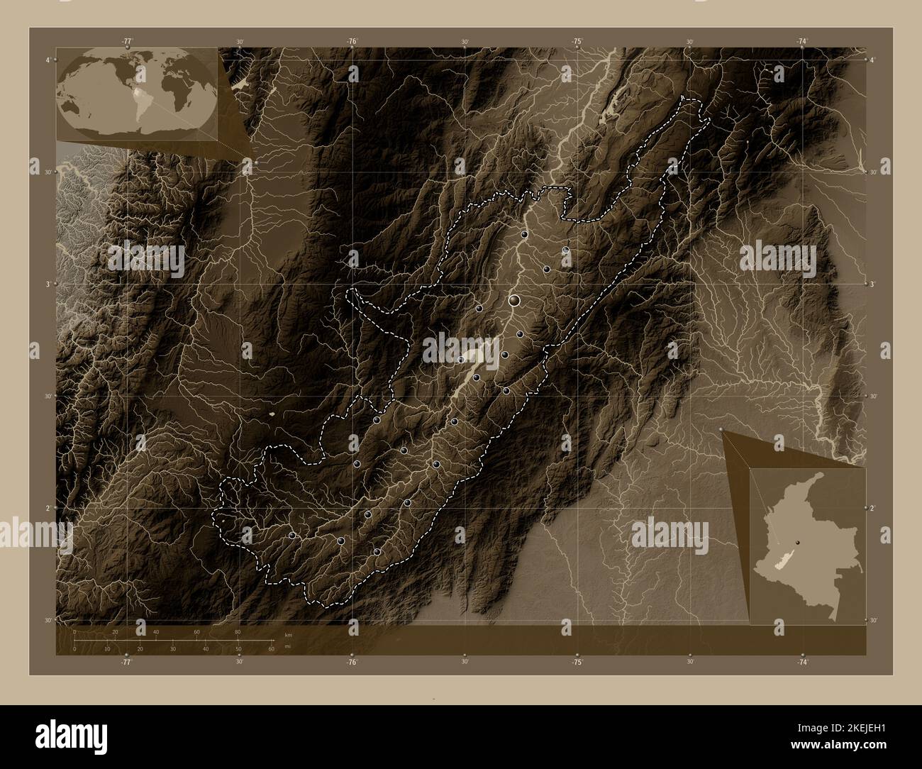 Huila, department of Colombia. Elevation map colored in sepia tones ...