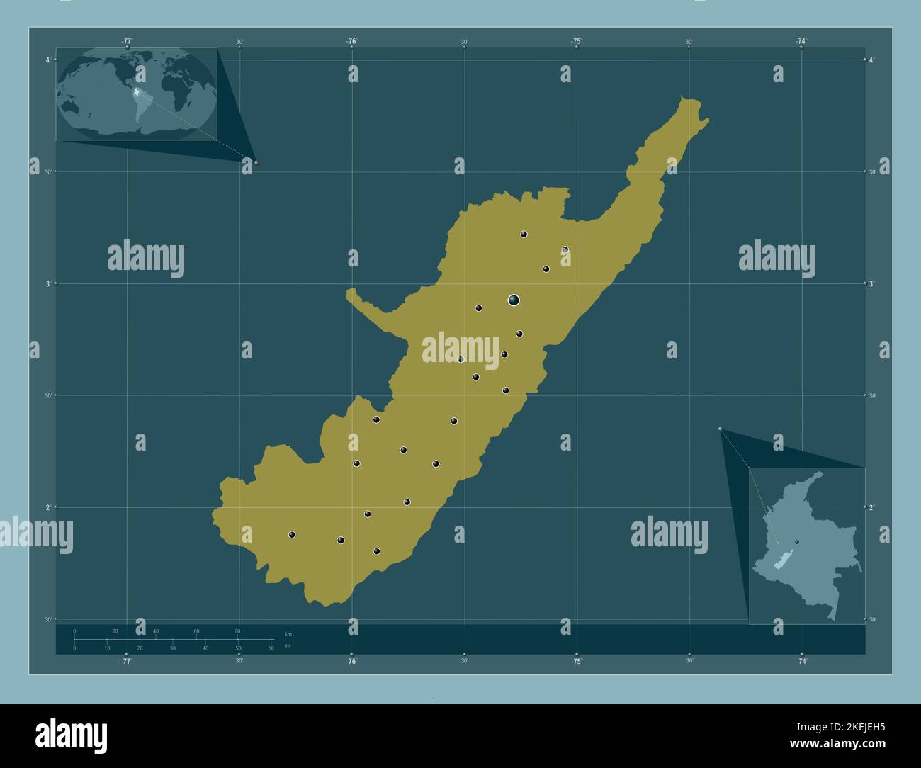 Huila, department of Colombia. Solid color shape. Locations of major ...