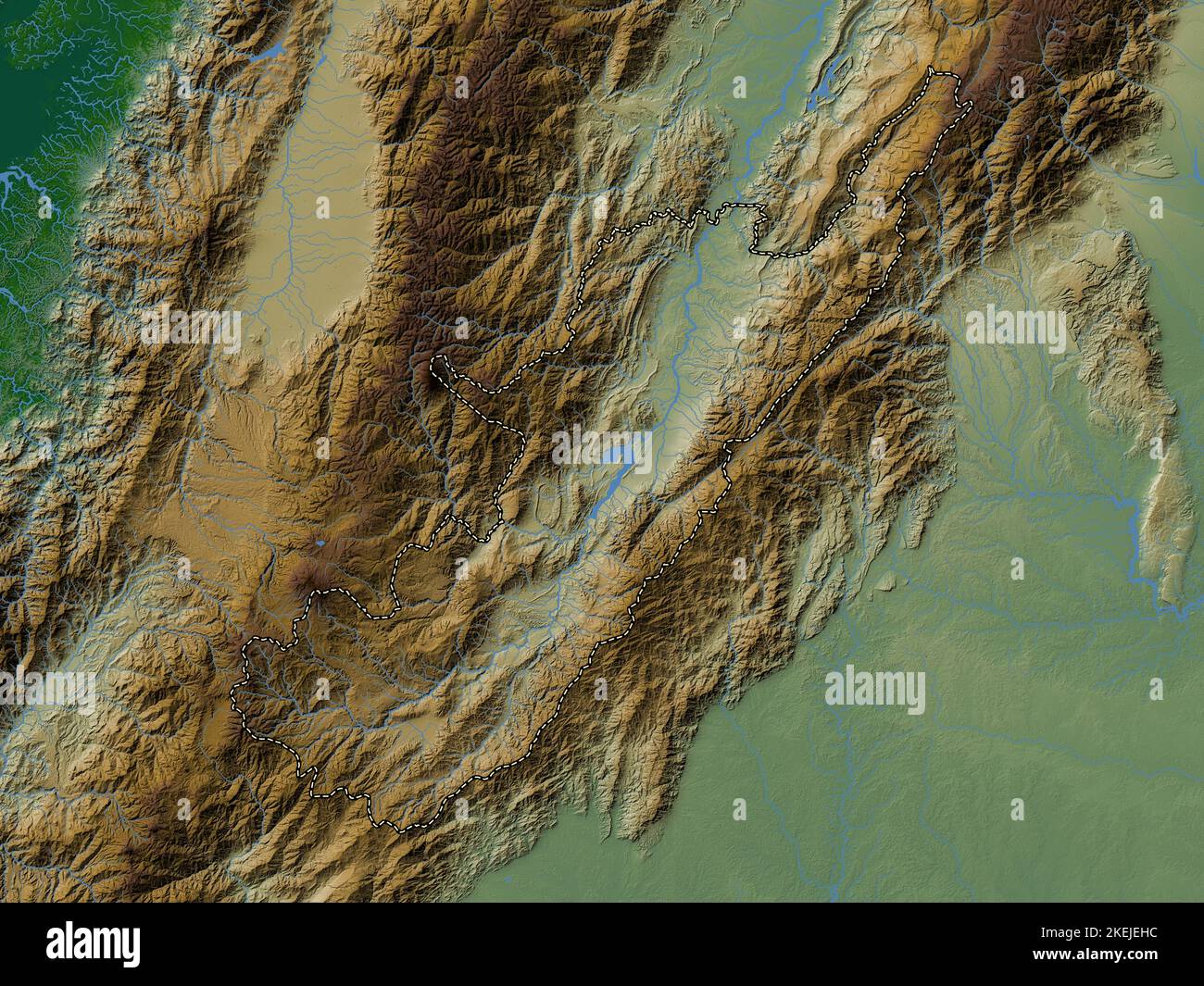 Huila, department of Colombia. Colored elevation map with lakes and ...