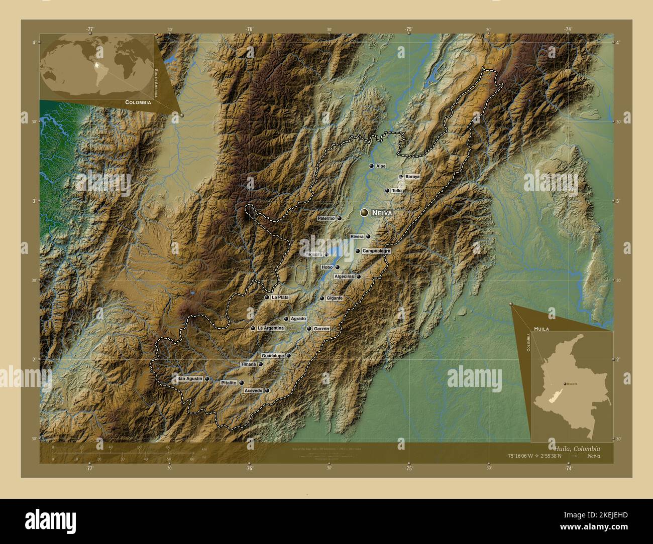 Huila, department of Colombia. Colored elevation map with lakes and ...