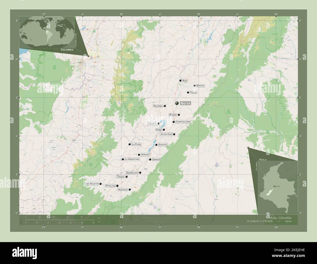 Huila, department of Colombia. Open Street Map. Locations and names of ...