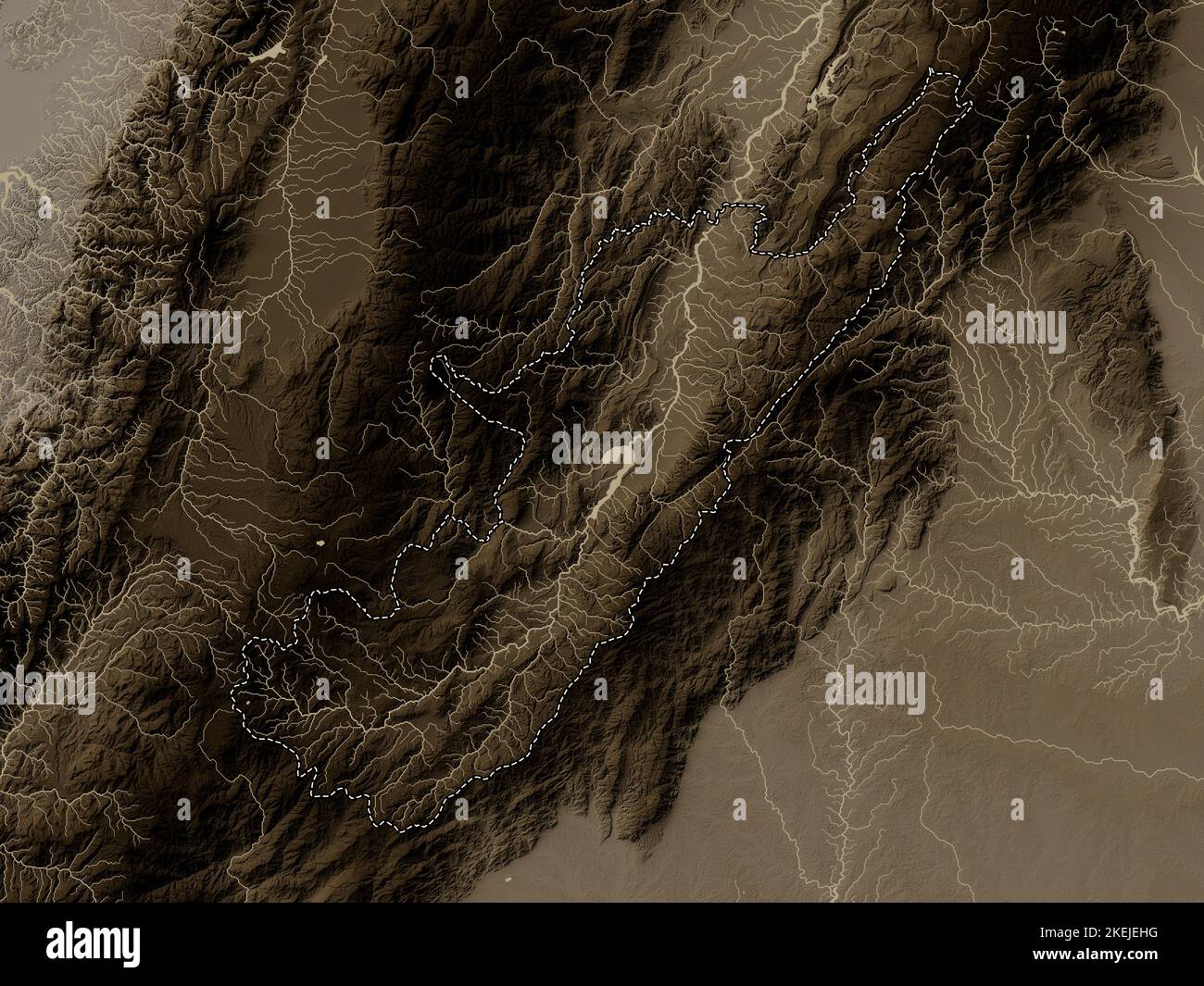 Huila, department of Colombia. Elevation map colored in sepia tones ...