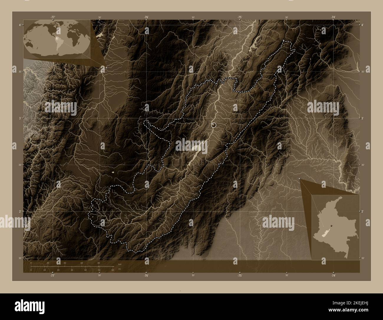 Huila, department of Colombia. Elevation map colored in sepia tones ...