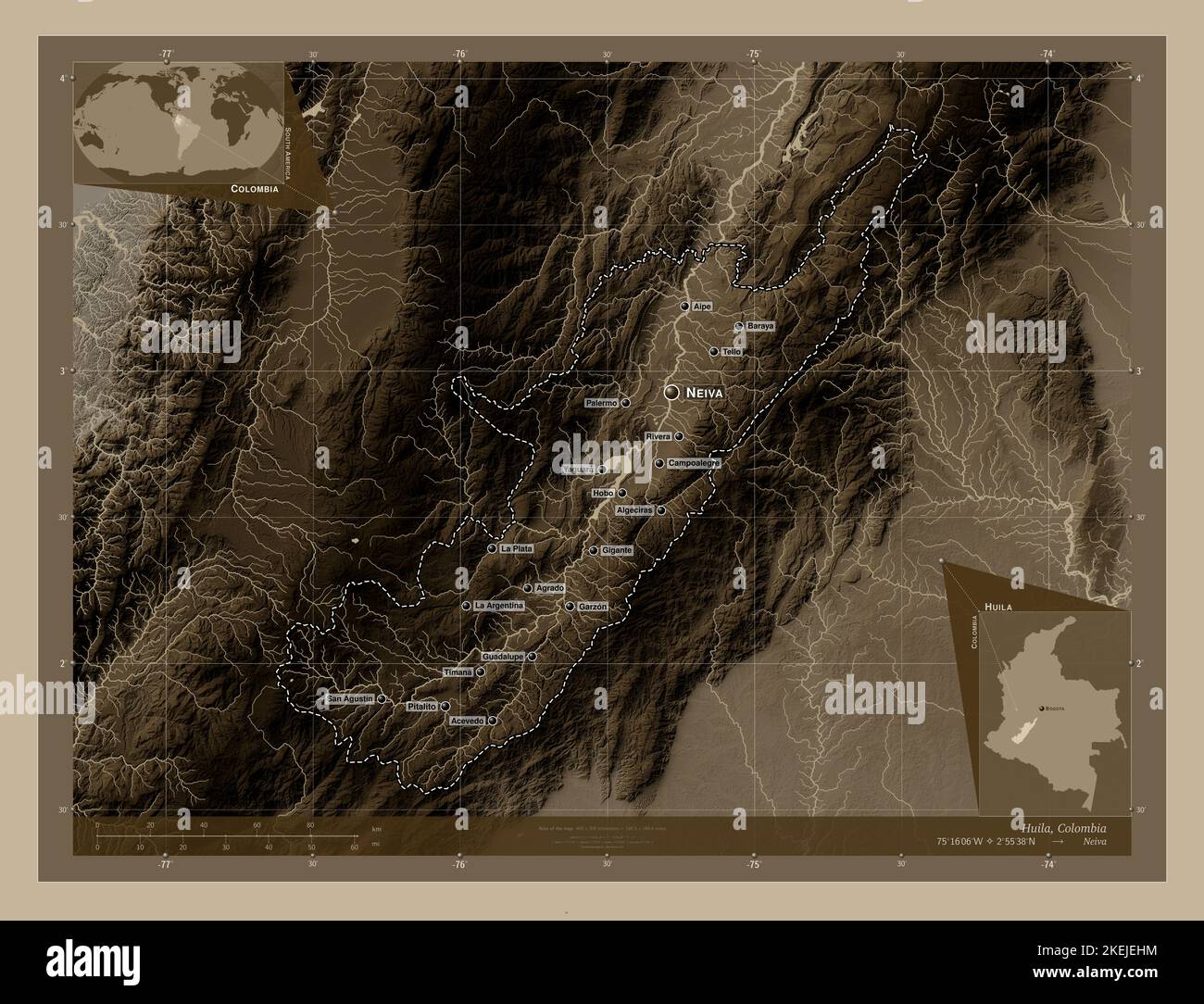 Huila, department of Colombia. Elevation map colored in sepia tones ...