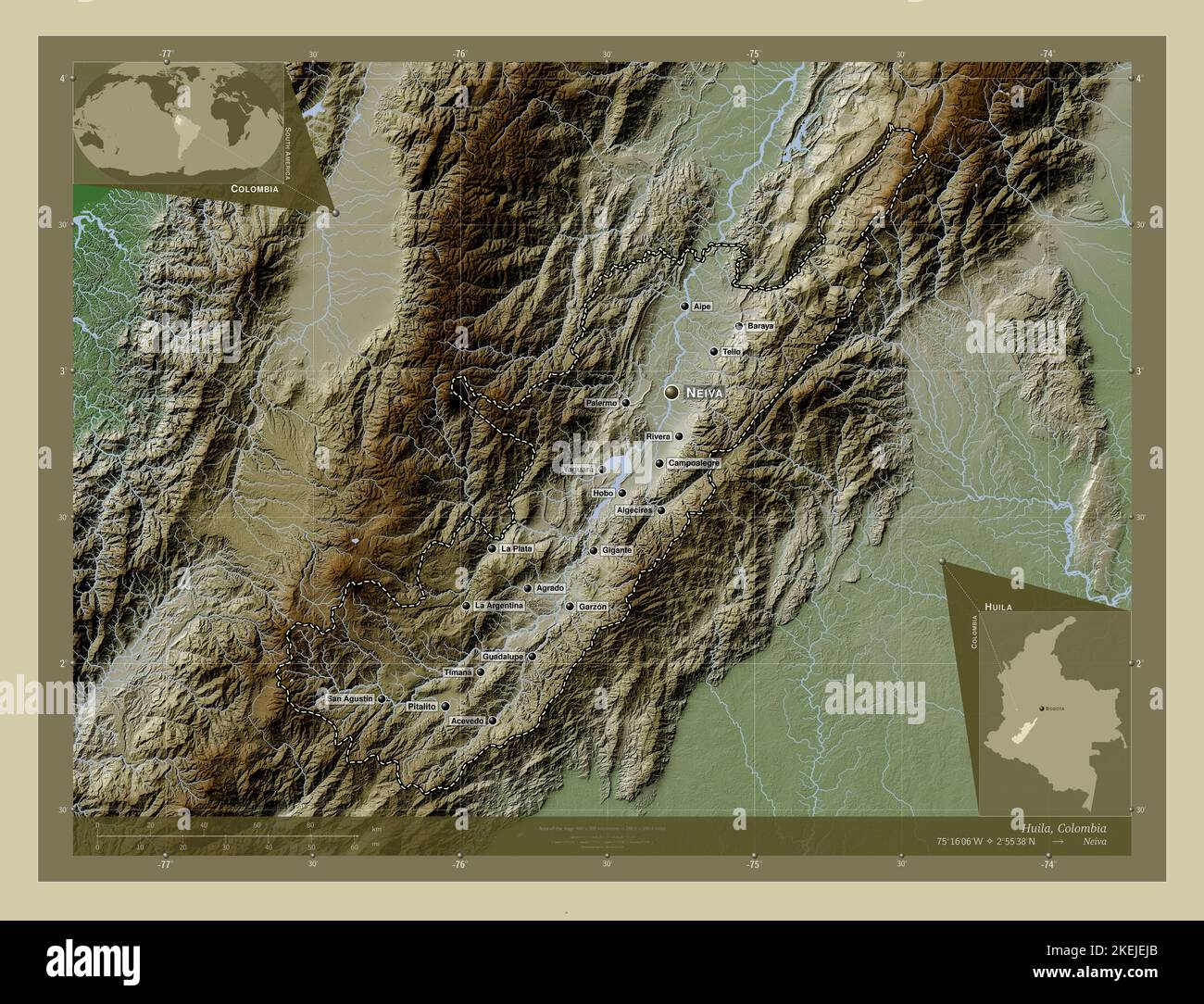 Huila, department of Colombia. Elevation map colored in wiki style with ...