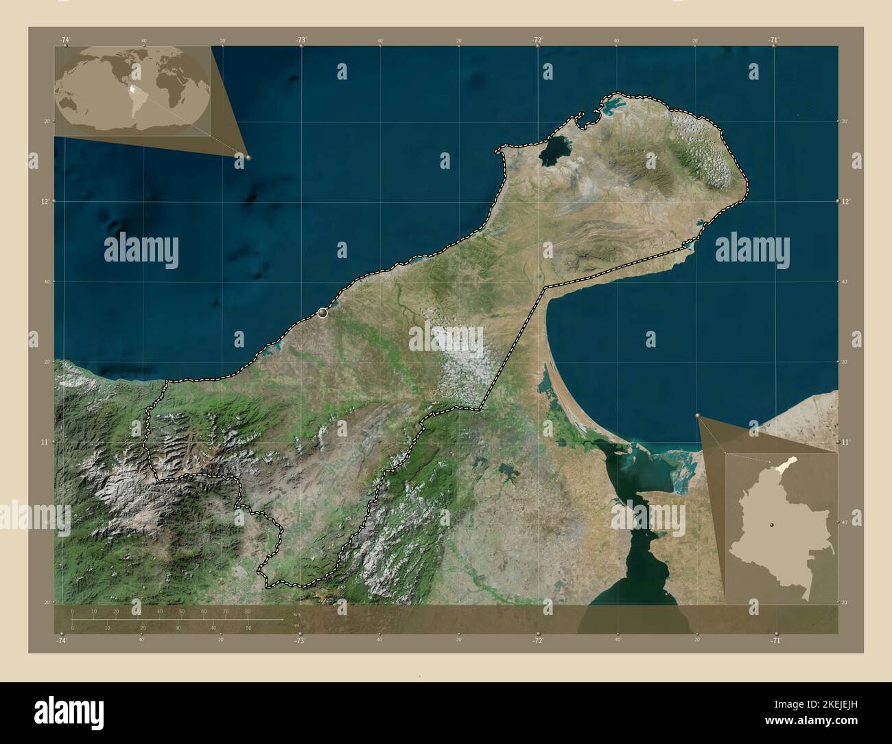 La Guajira, department of Colombia. High resolution satellite map. Corner auxiliary location ...