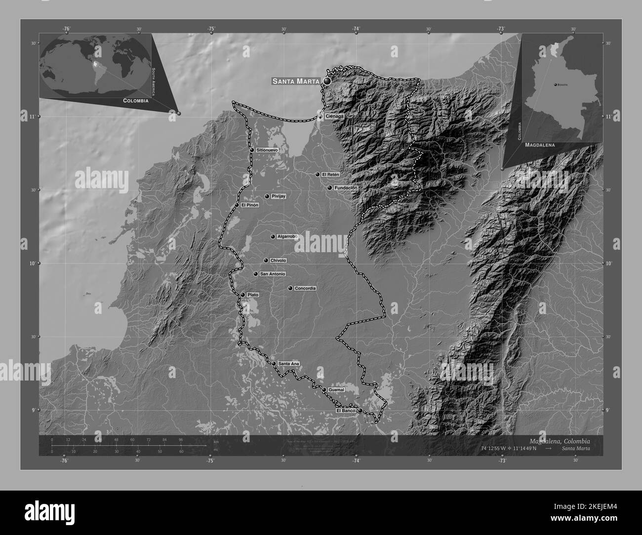 Magdalena, department of Colombia. Bilevel elevation map with lakes and ...