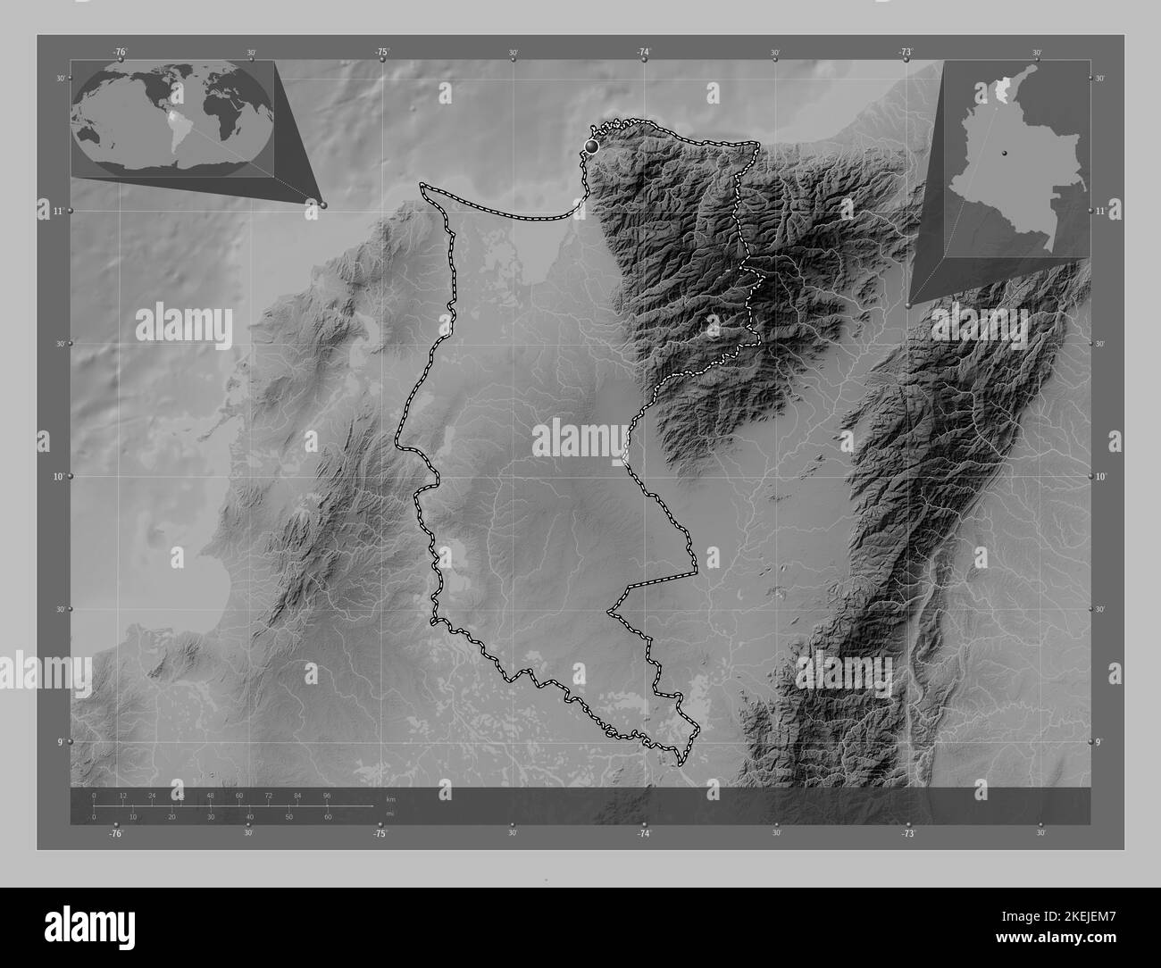 Magdalena, department of Colombia. Grayscale elevation map with lakes ...