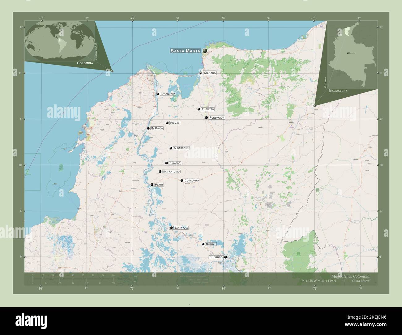 Magdalena, department of Colombia. Open Street Map. Locations and names ...