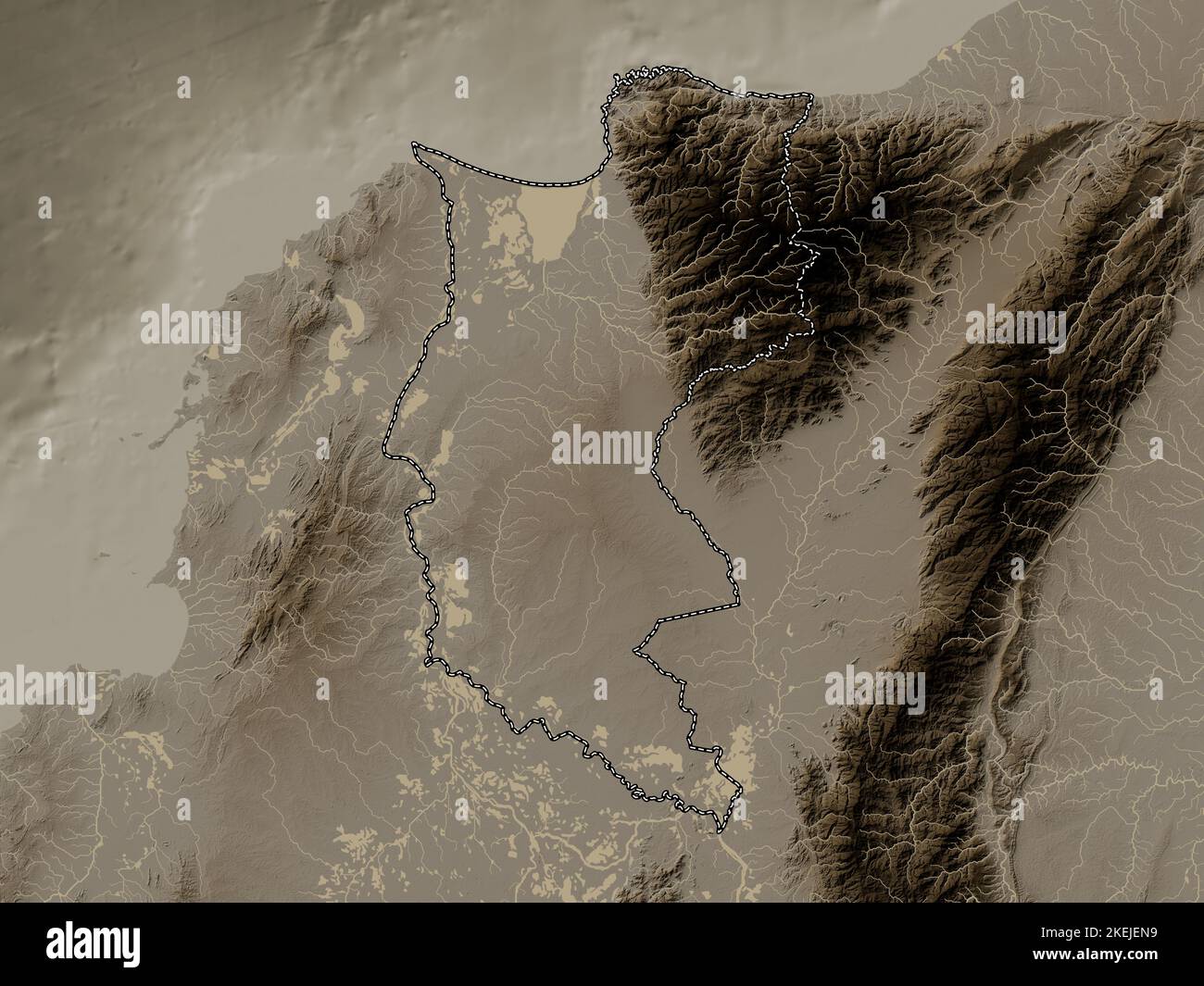 Magdalena, department of Colombia. Elevation map colored in sepia tones ...