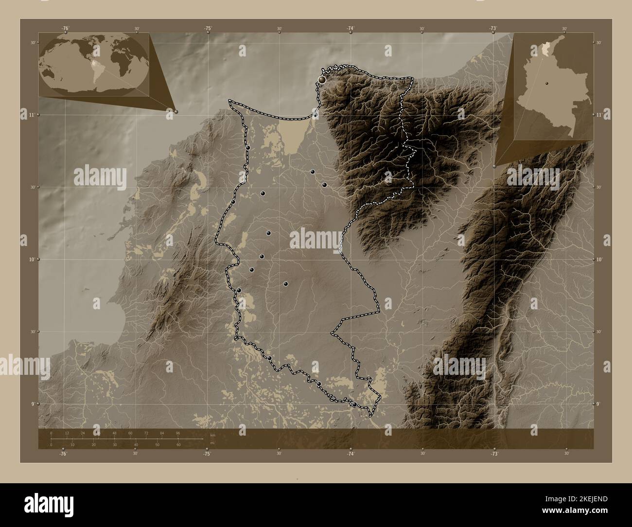 Magdalena, department of Colombia. Elevation map colored in sepia tones ...