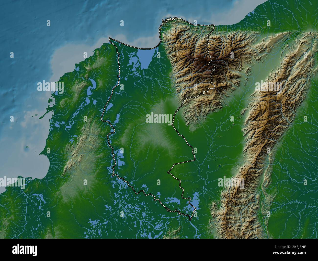 Magdalena, department of Colombia. Colored elevation map with lakes and ...