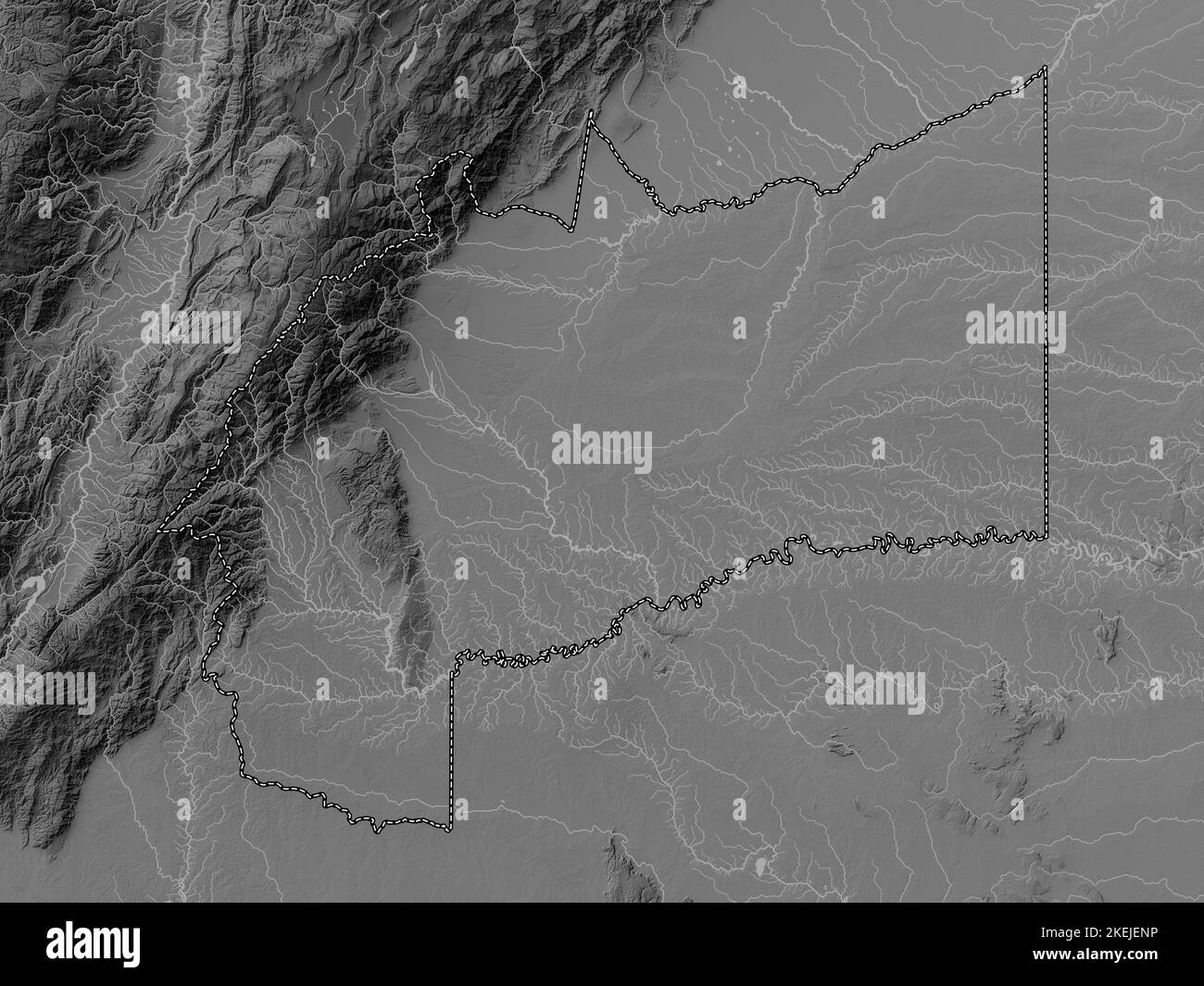 Meta, department of Colombia. Grayscale elevation map with lakes and ...