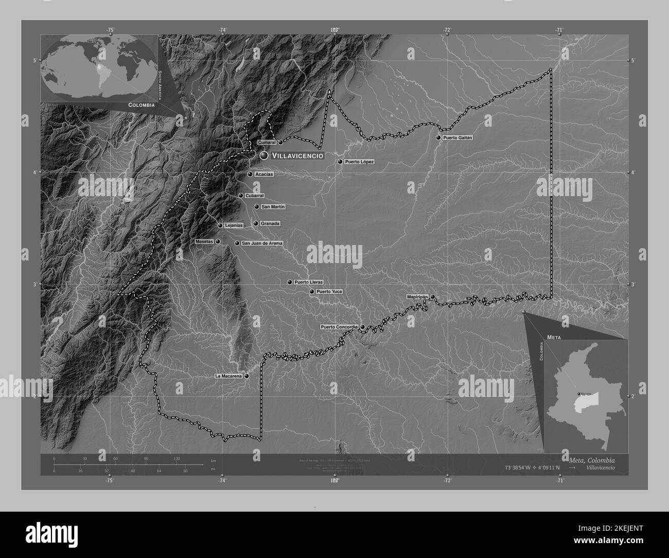 Meta, department of Colombia. Grayscale elevation map with lakes and ...