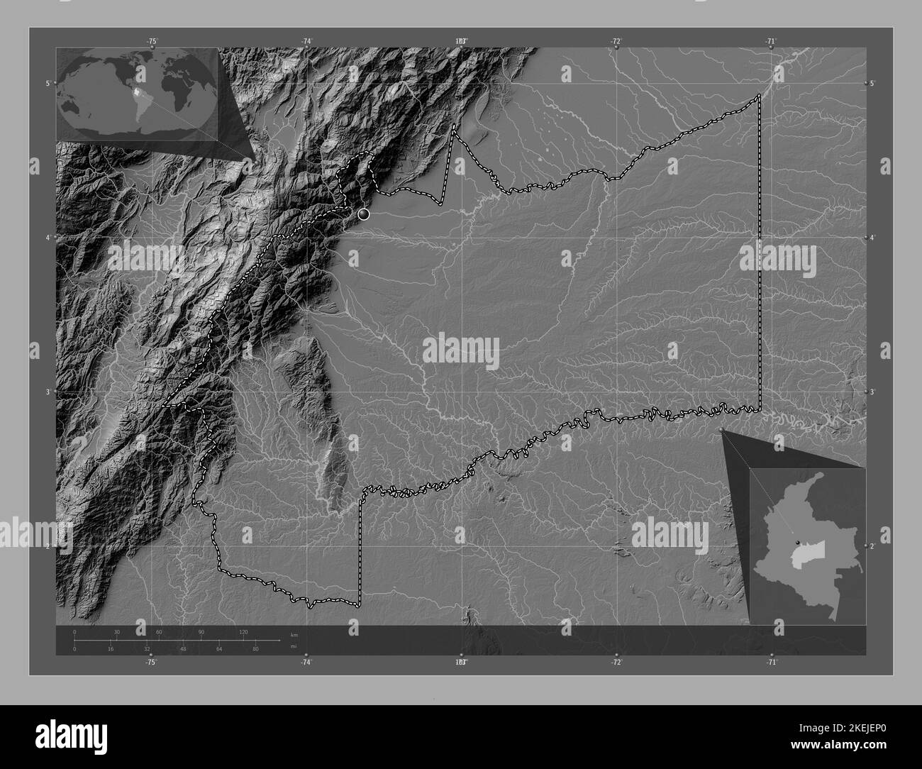 Meta, department of Colombia. Bilevel elevation map with lakes and ...