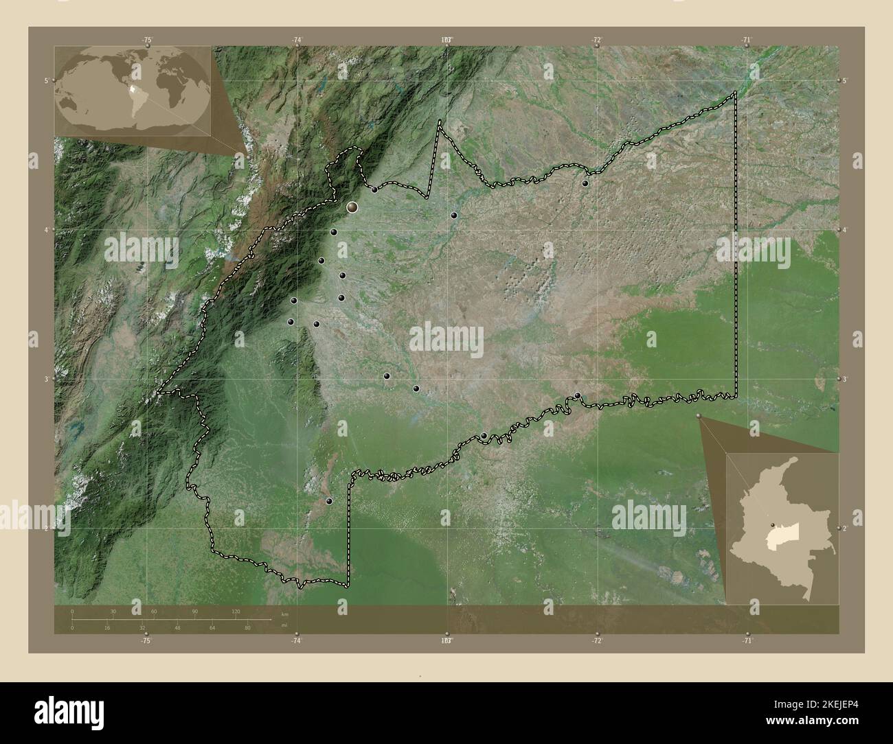 Meta, department of Colombia. High resolution satellite map. Locations ...