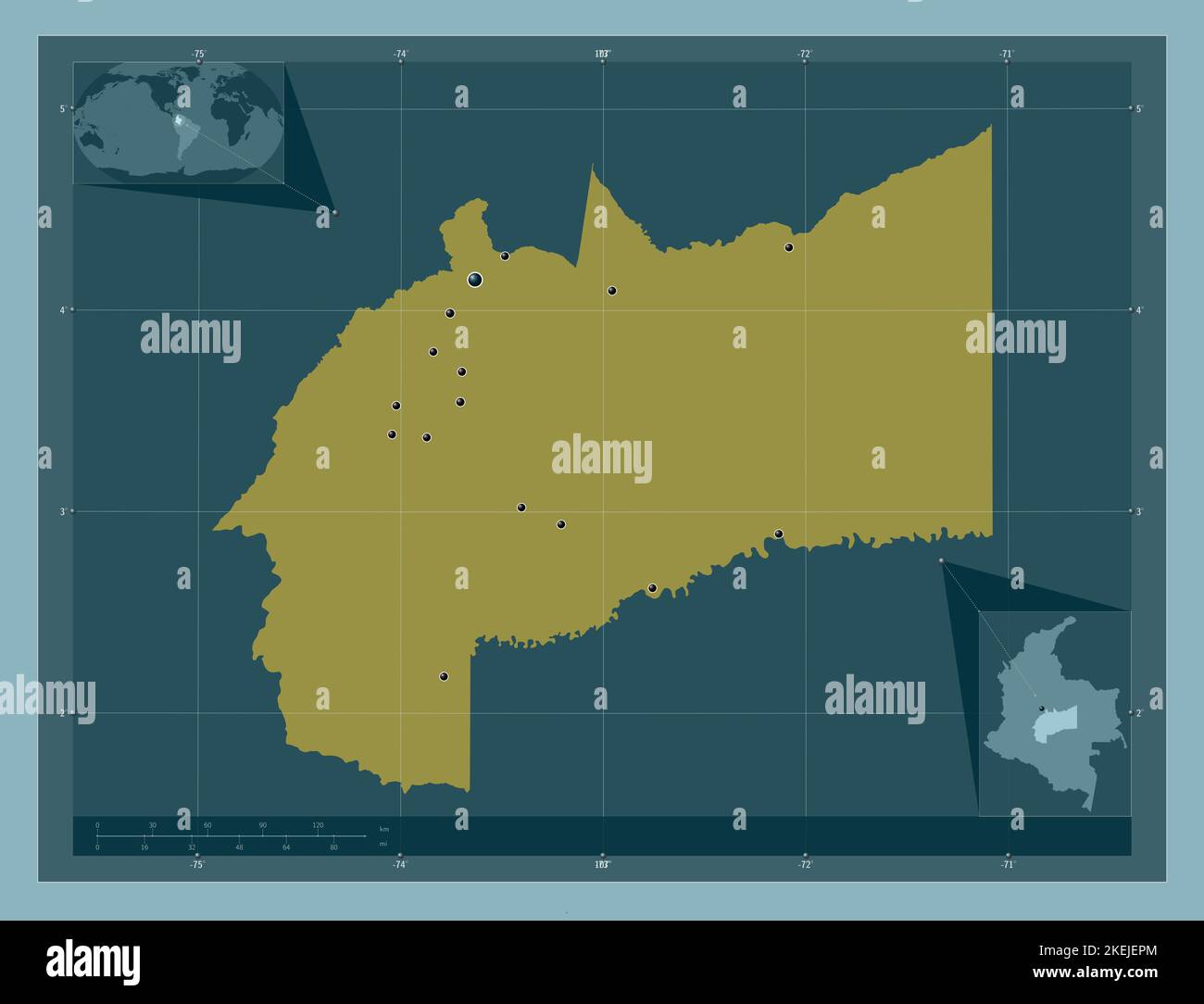 Meta, department of Colombia. Solid color shape. Locations of major ...